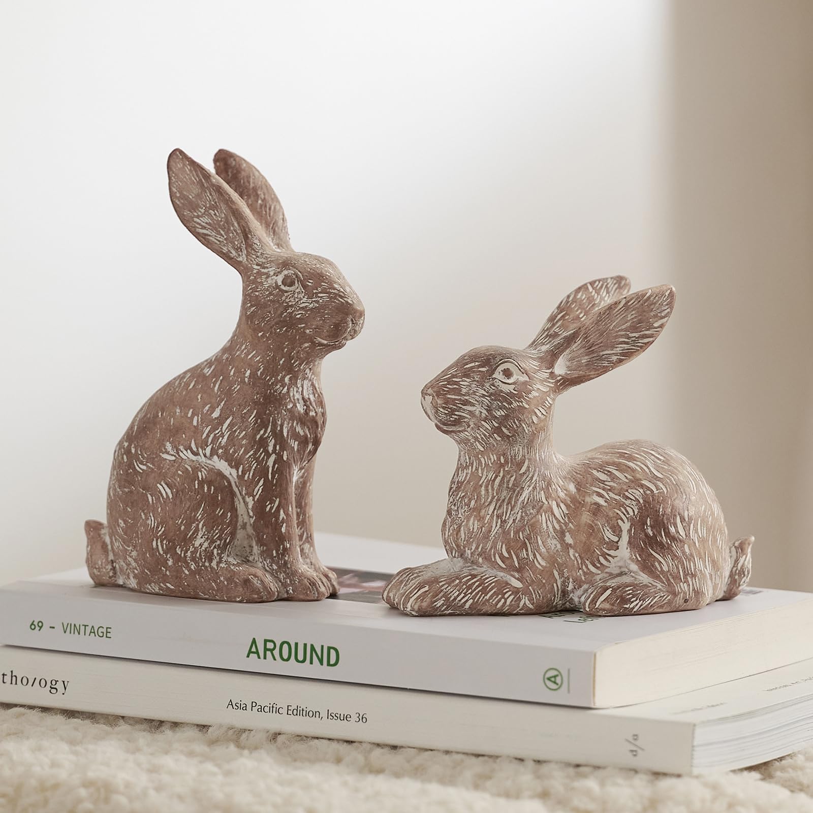 DN DECONATION Set of 2 Easter Bunny Figurines, Brown Resin Rabbit ...