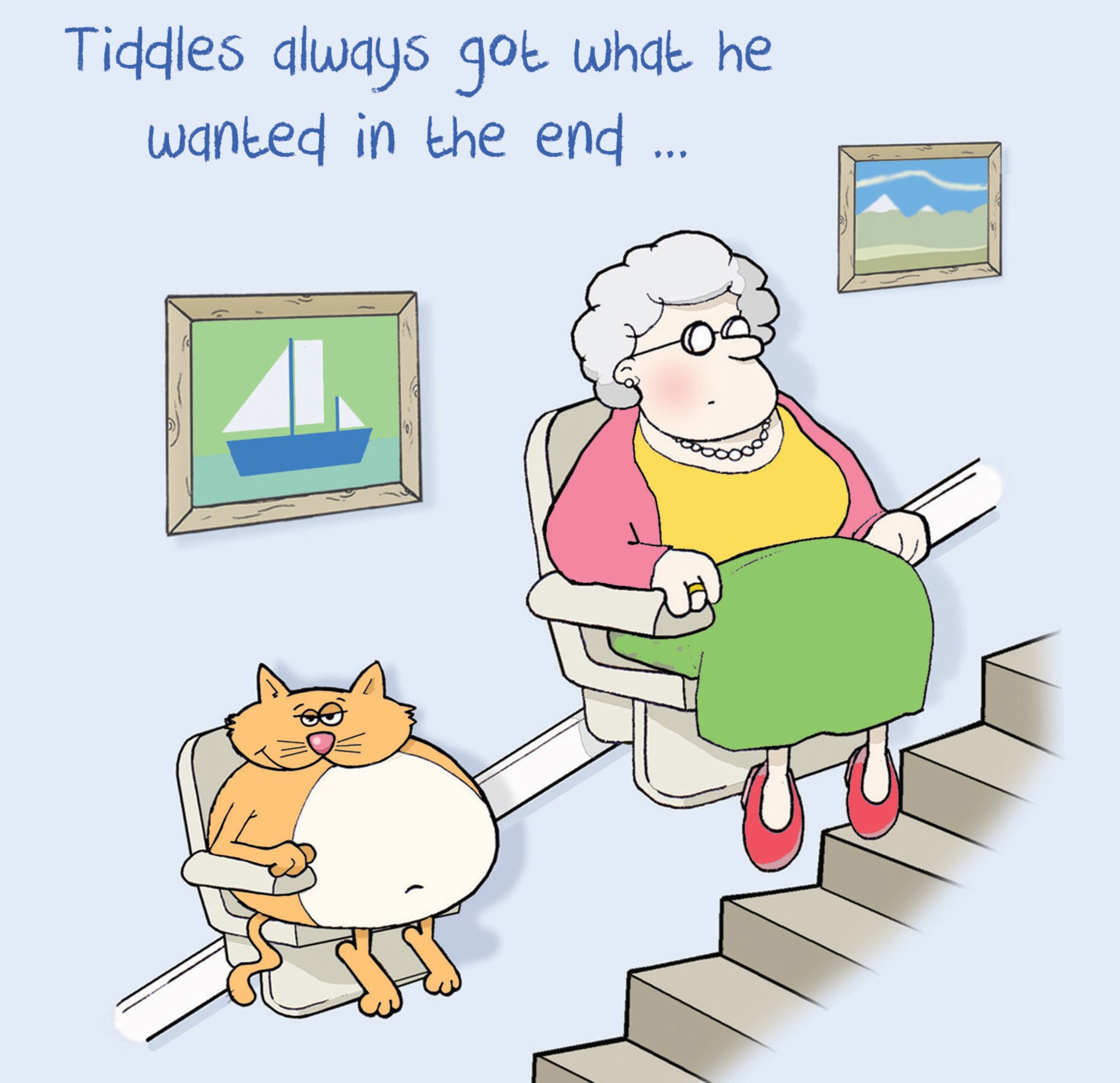 Twizler Funny Card with Fat Cat, Old Lady and Stair Lift – Blank Card ...