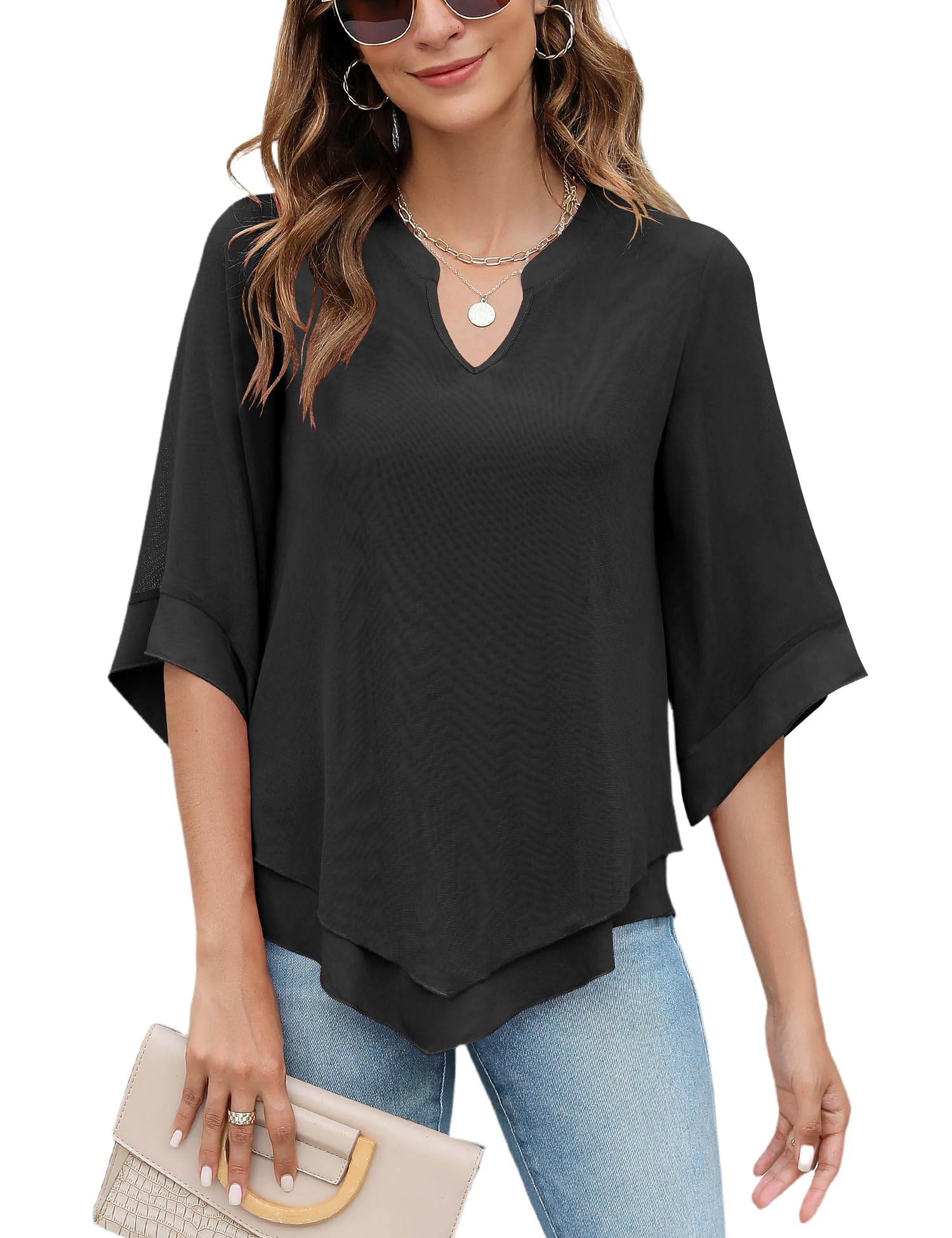 Micoson 3/4 Length Sleeve Womens Tops Dressy Casual Chiffon Black ...