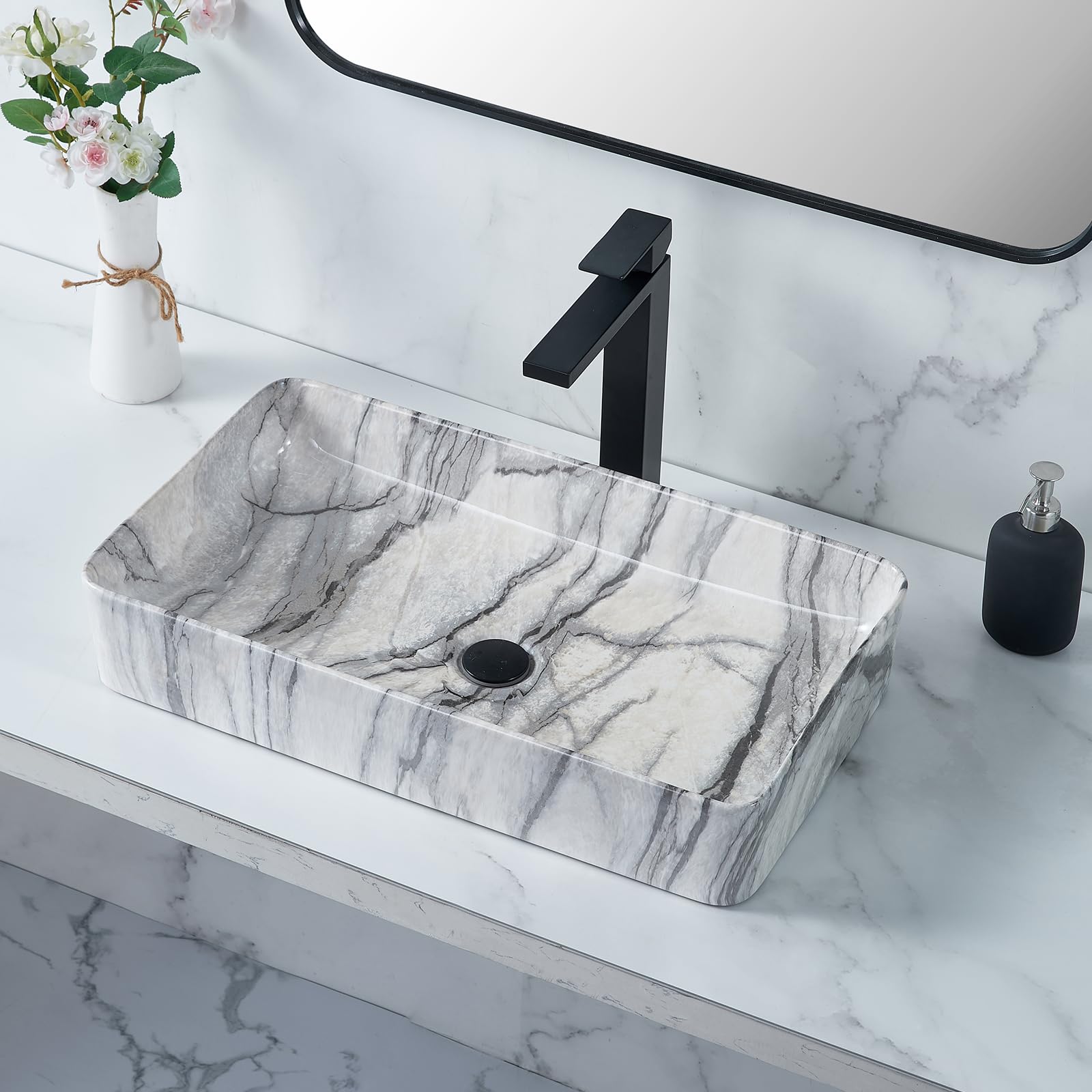 Rectangular Vessel Sink Black White Marble Coated,VALISY 24"x14" Inch ...