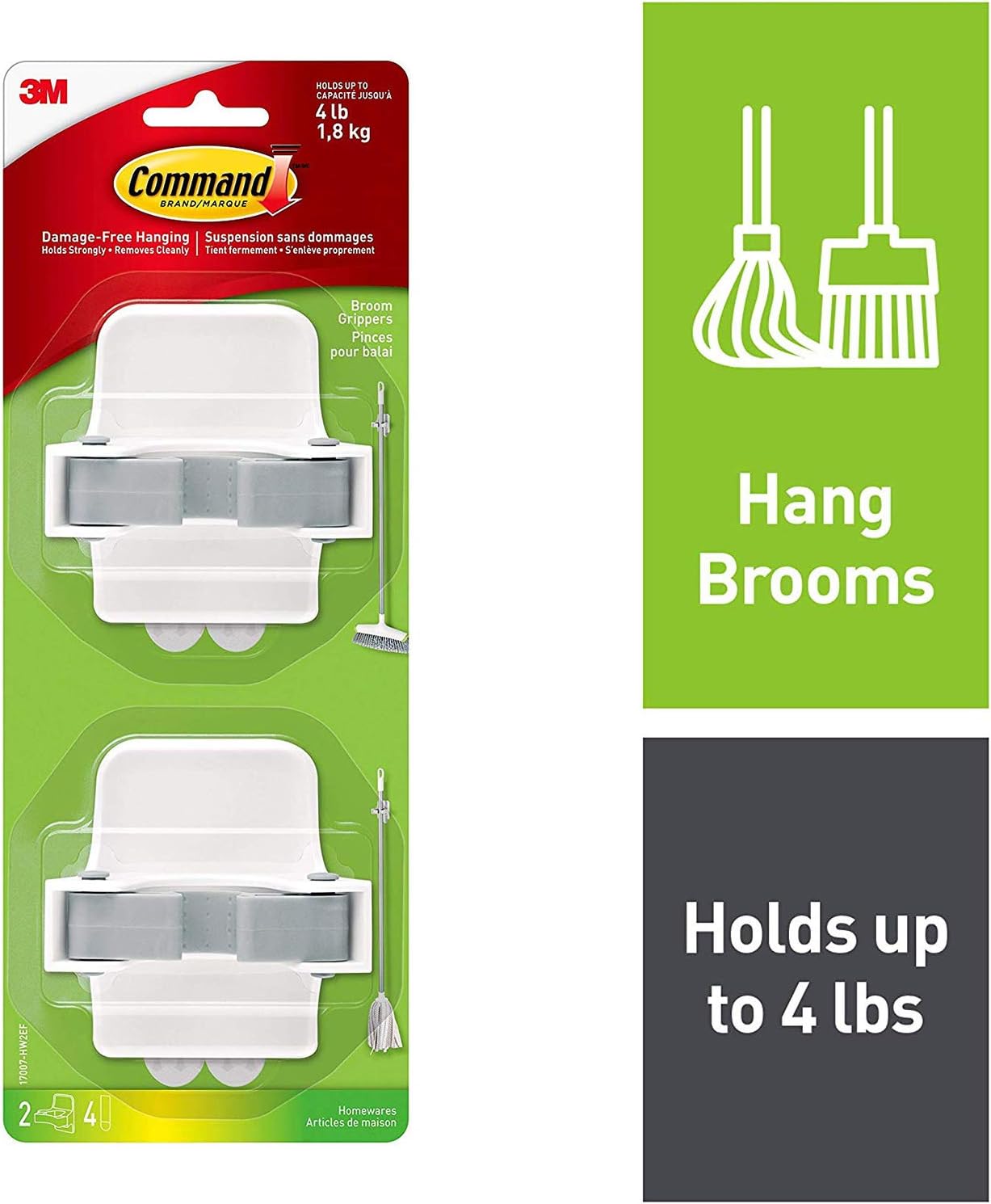 Command Mop & Broom Holder Wall Mount, Holds up to 4 lbs, 2 Grippers ...