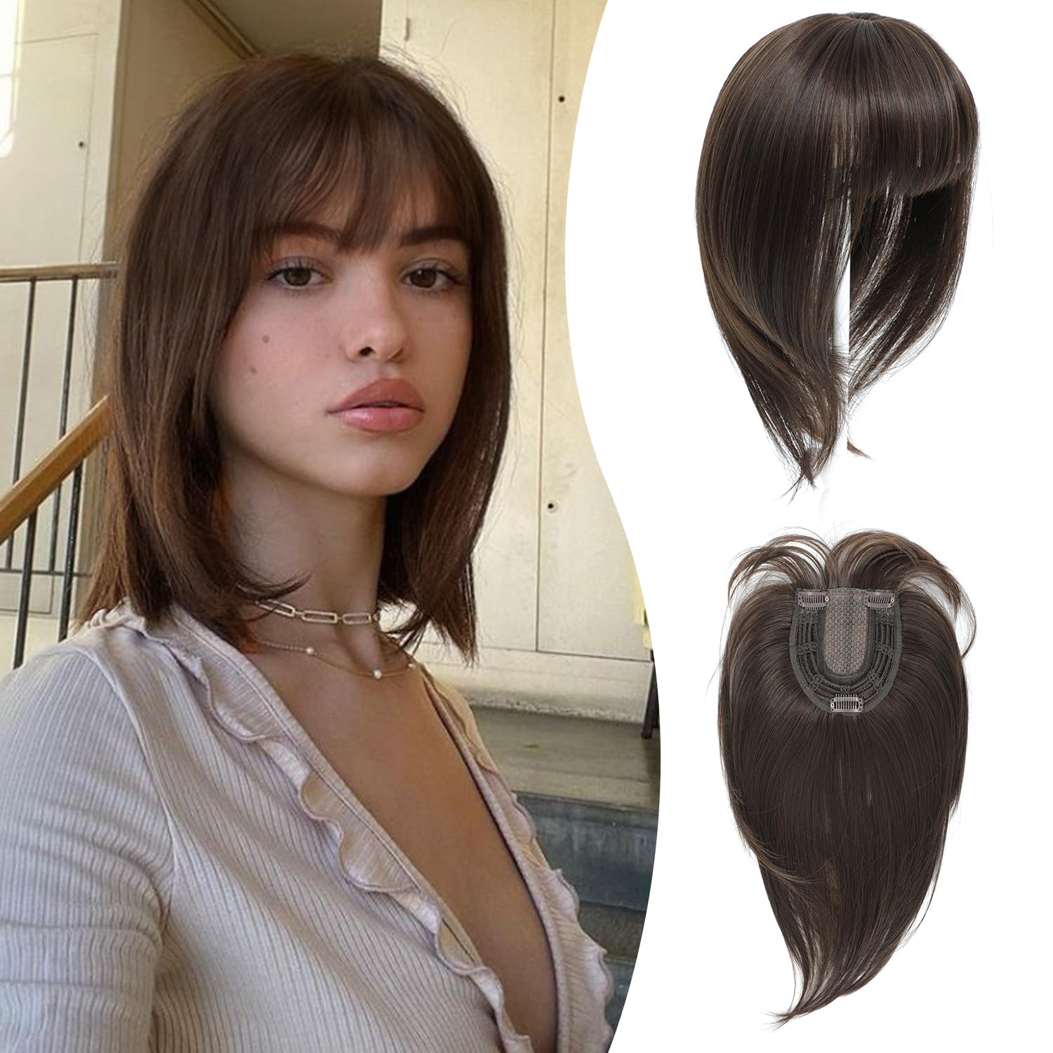 Ms Taj 12 Inch Hair Topper with Bangs, 360° Cover Synthetic Clip in ...
