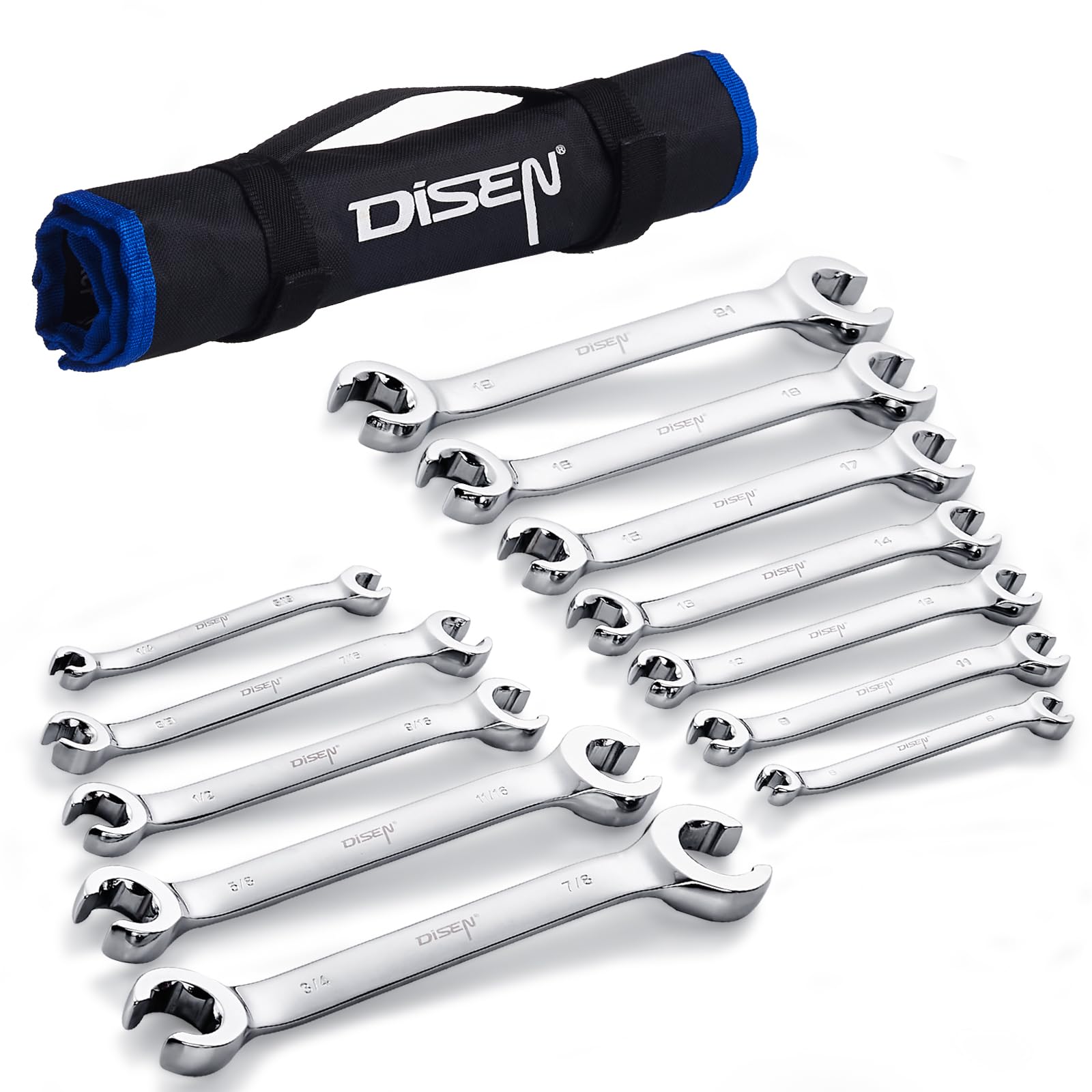 DISEN Flare Nut Wrench Set Metric and SAE 12-Piece Inch1/4 to 7/8" & 6 ...
