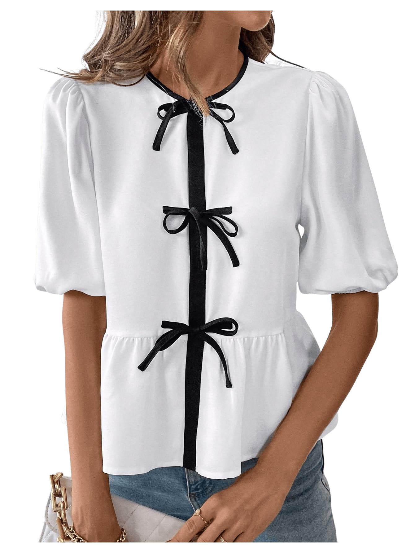 OYOANGLE Women's Contrast Binding Bow Front Peplum Blouse Crew Neck ...