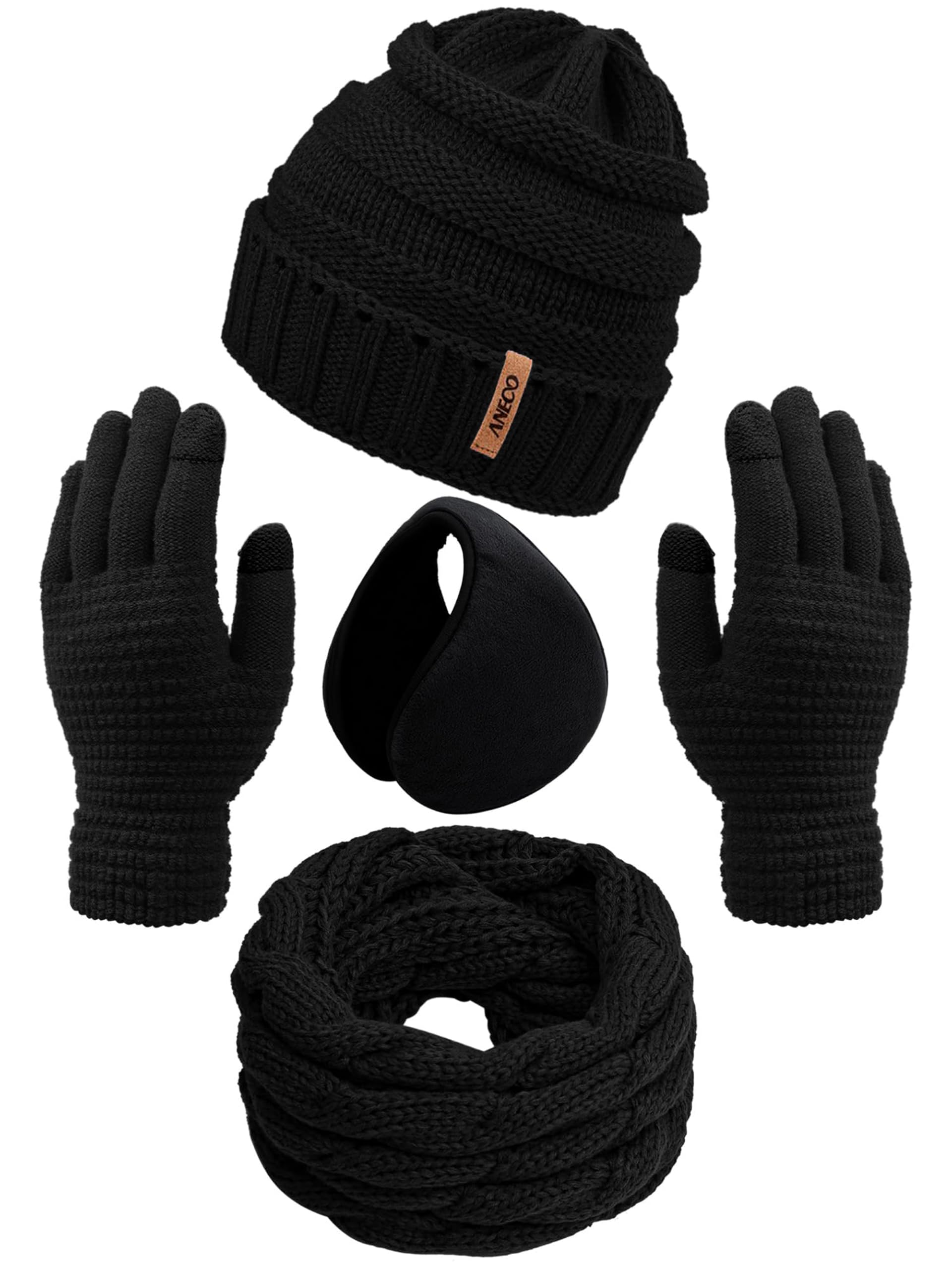 Aneco Winter Warm Sets Knitted Scarf Beanie Hat Touch Screen Gloves and ...
