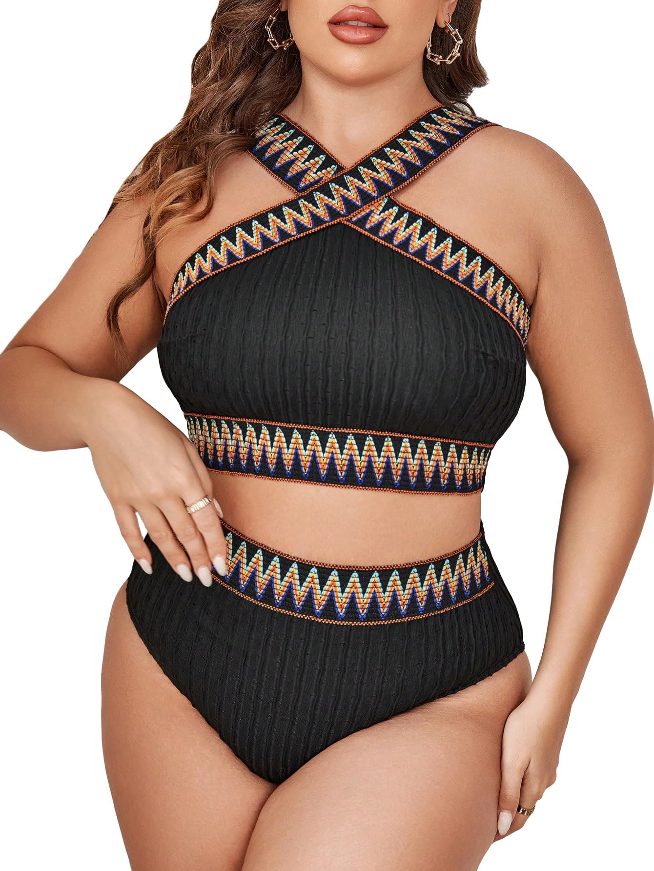 SOLY HUX Women's Plus Size Two Piece Swimsuit Chevron Print Criss Cross High Waisted Bikini Set ...