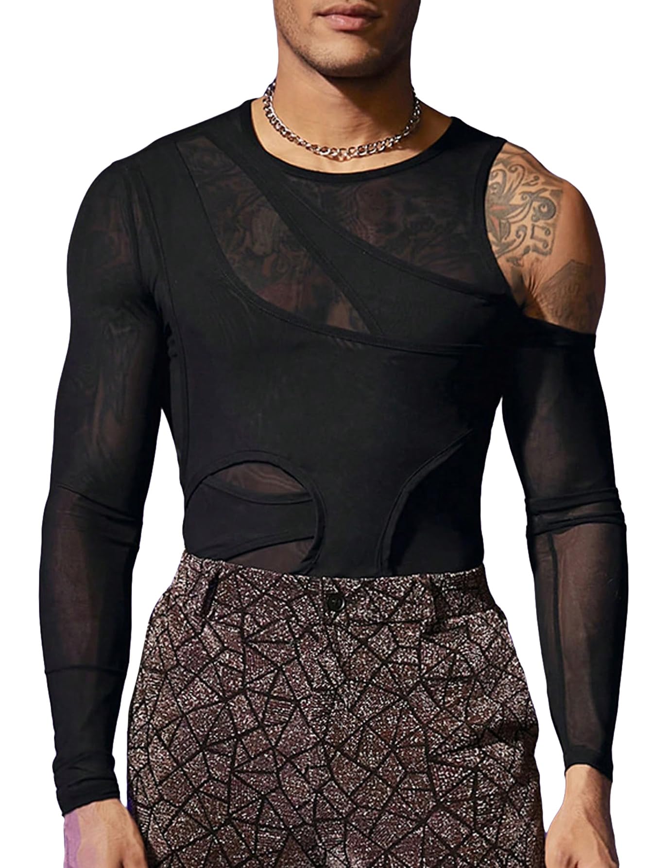 COZYEASE Men's Cold Shoulder Hollow Out Long Sleeve Mesh Tee Slim Fit ...