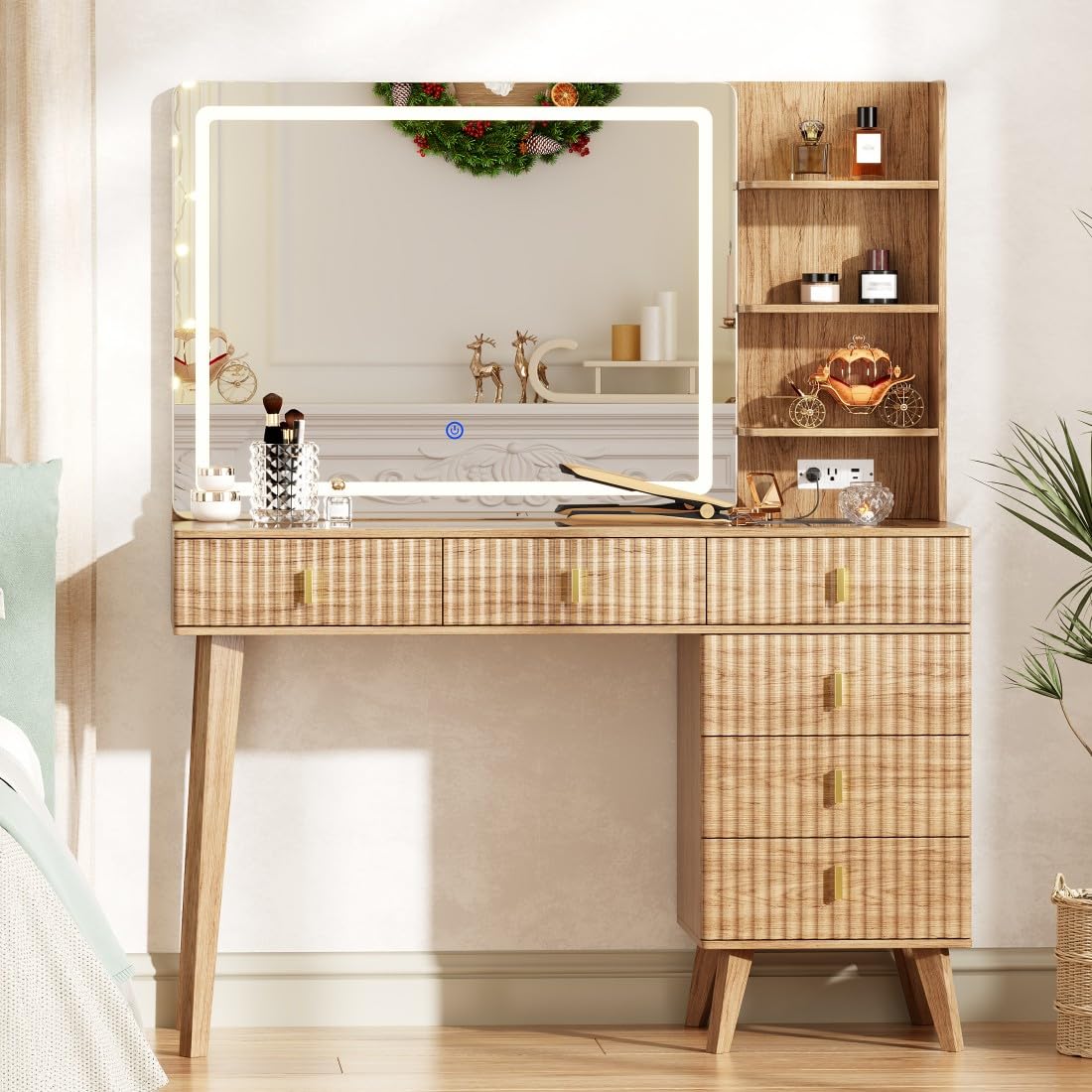 Ieejdn Fluted Makeup Vanity Desk with Large Mirror and Lights,Modern ...