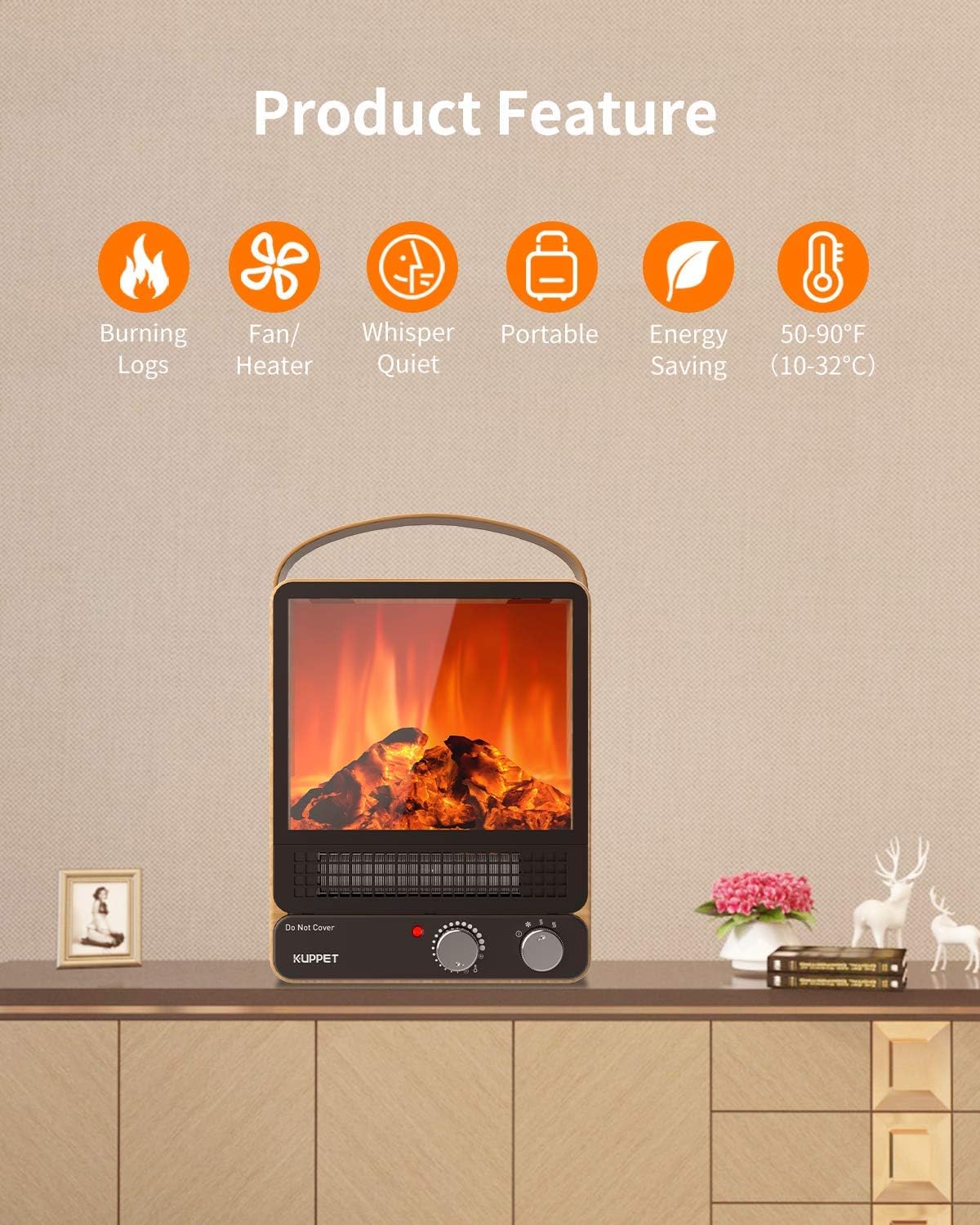 KUPPET Mini Electric Fireplace Stove with Flame Effect 750w/1500w with ...