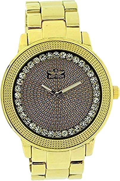 Softech Men's Designer Diamante Bordered Analog Metal Wrist Watch Gold ...
