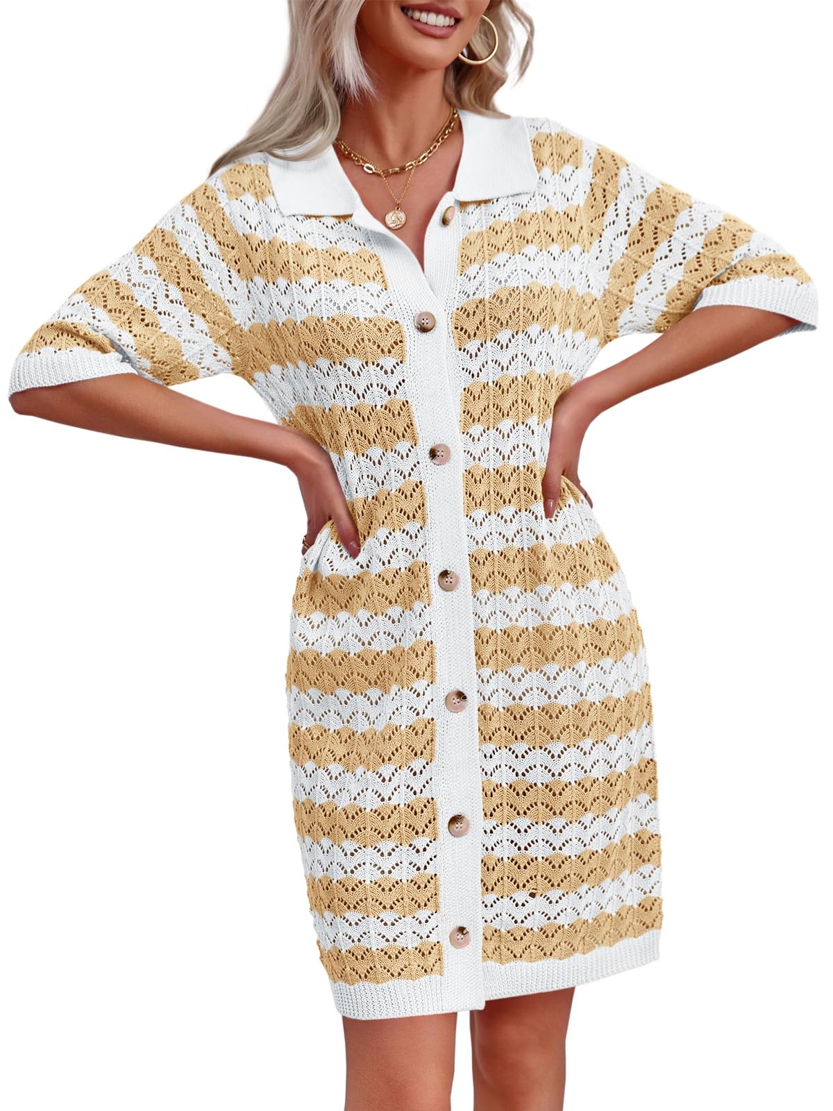 Fisoew Womens Striped Crochet Sweater Dress Half Sleeve Color Block ...