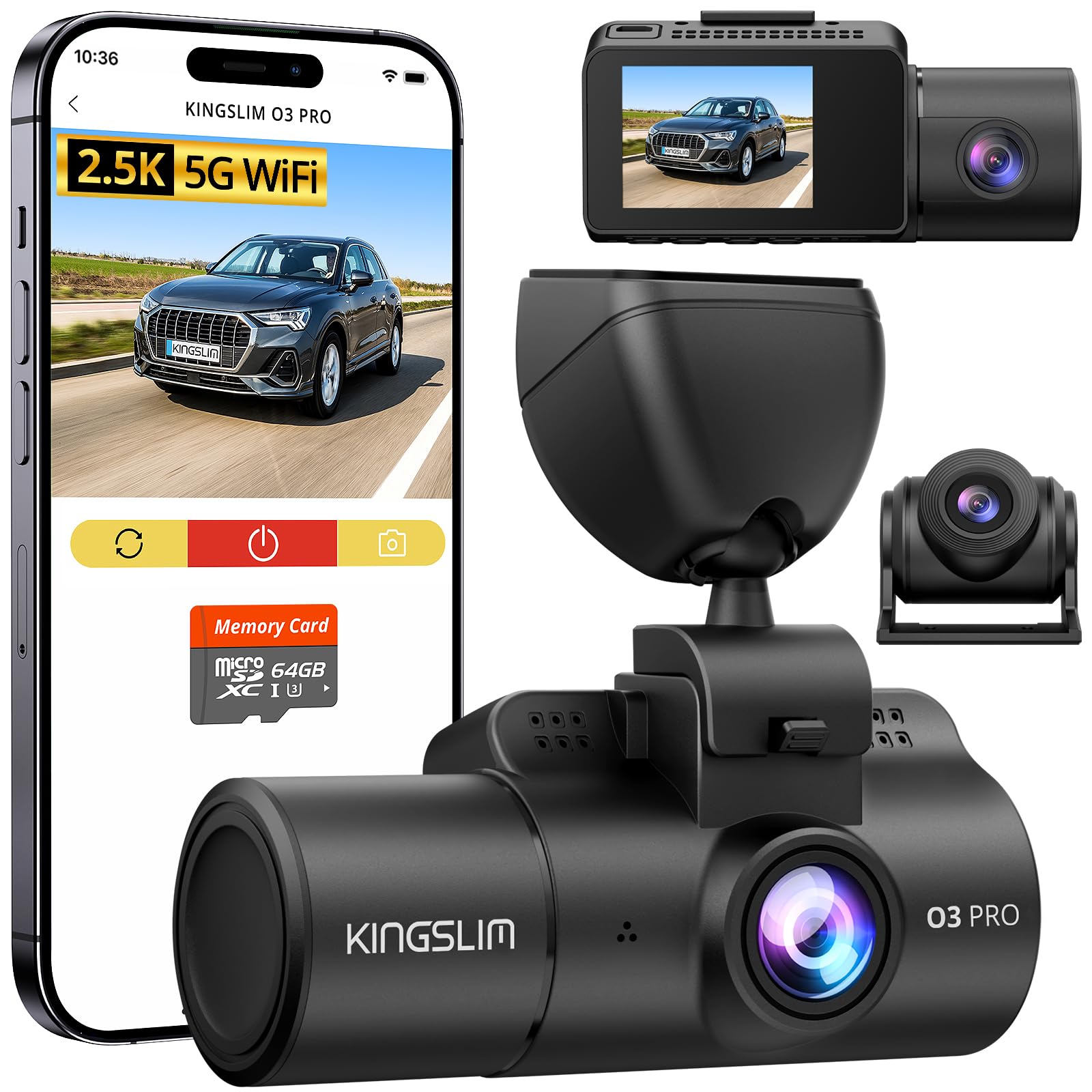 Kingslim 3 Channel 5G WiFi Dash Cam with 64GB Card, 2.5K/1080P Front ...