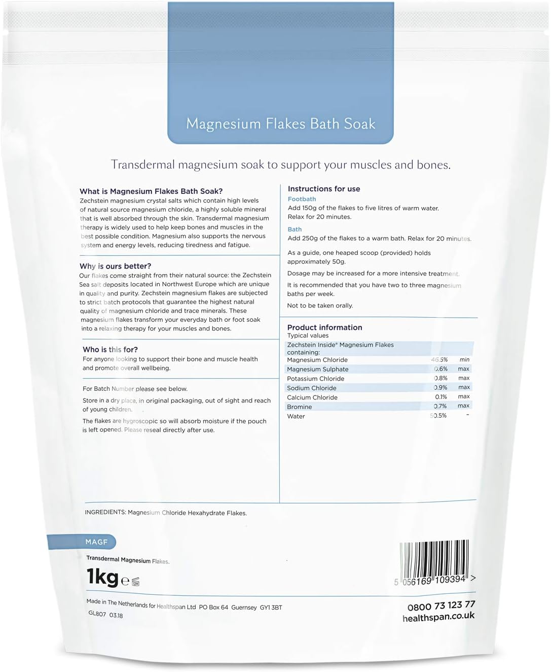 Healthspan Magnesium Flakes Bath Soak | 1kg Pouch | Highly Absorbable ...