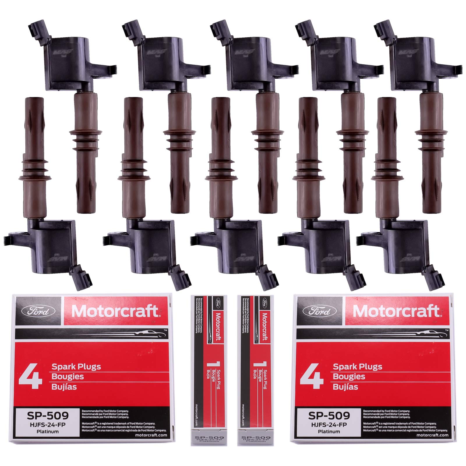 MAS Set of 10 Performance Ignition Coils Pack & OEM Motorcraft Spark ...