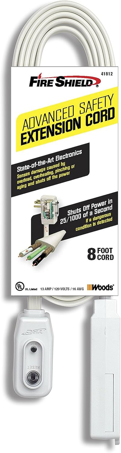 Fire Shield 16/3 Extension Power Cord w/ Advanced Safety LCDI, 8-Foot ...