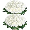 Amazon.com: Serwalin 30PCS Artificial White Roses, Fake Silk Roses with ...