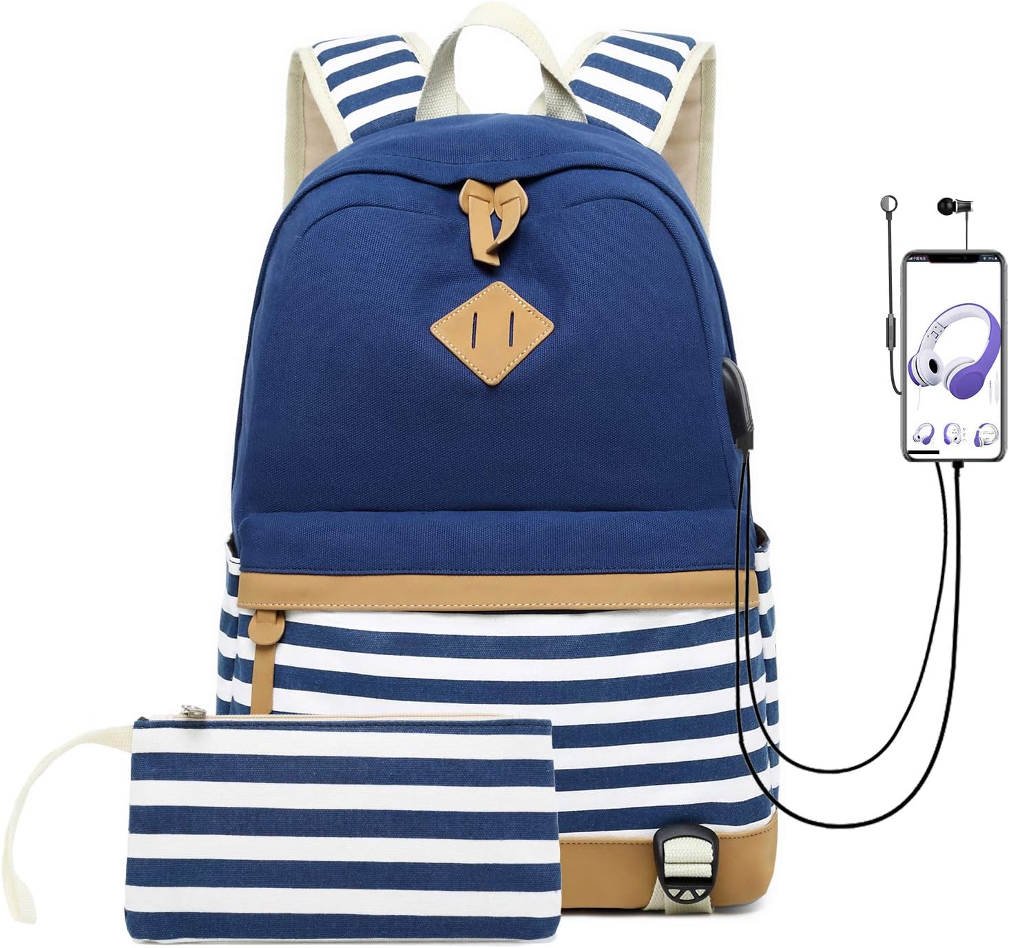 Canvas Student Backpack Unisex College Bookbag Back Bag with USB ...