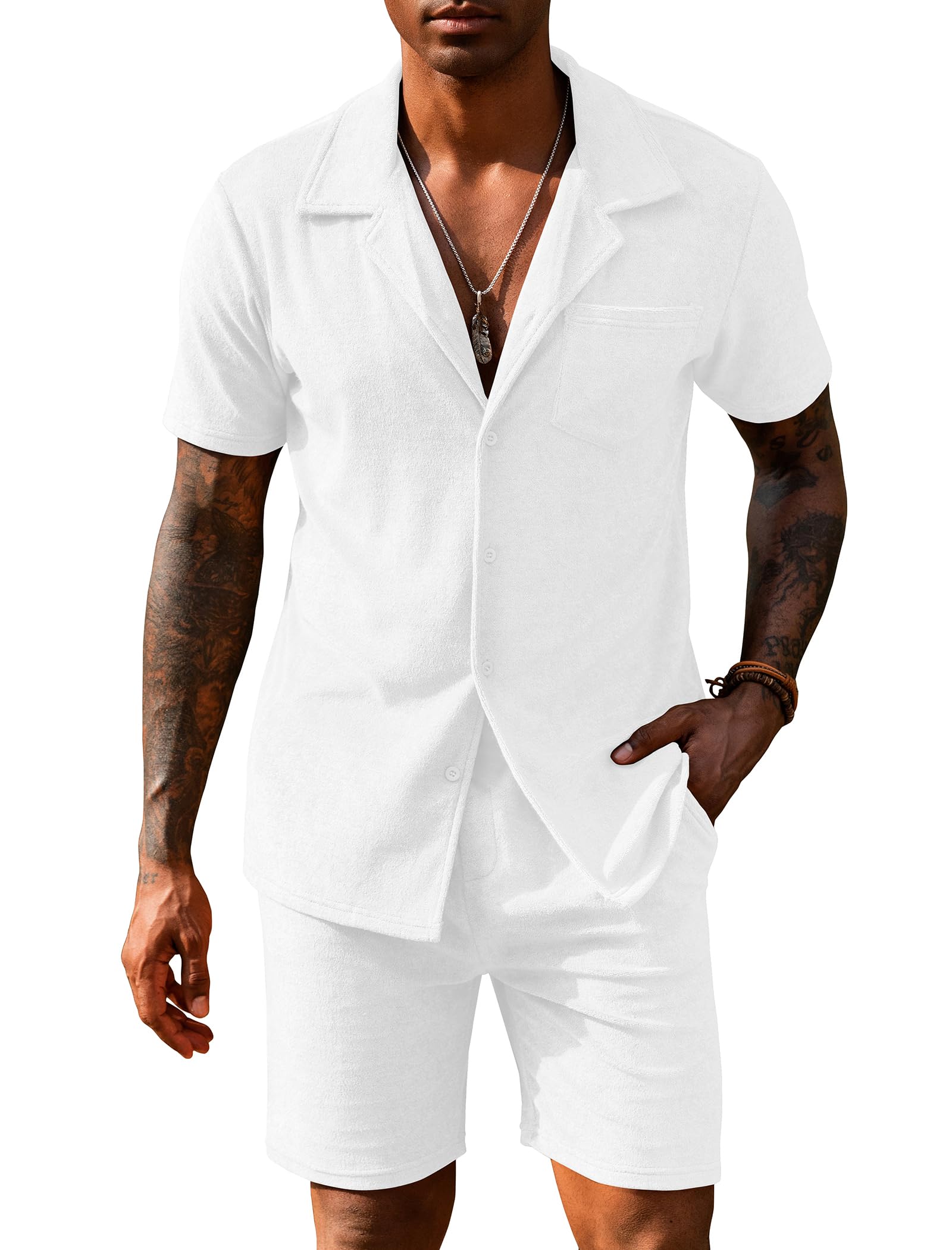 URRU Mens Short Sets 2 Piece Outfits Summer Beach Terry Short Sleeve ...