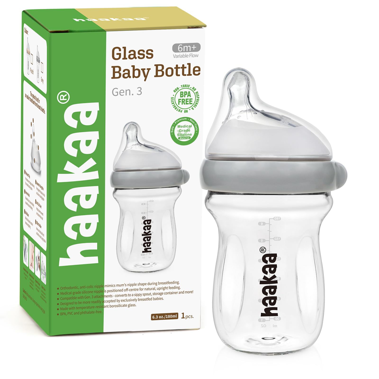 haakaa Gen.3 Natural Glass Baby Bottle 6.3 oz.180ml - Wide Neck, Anti-Colic Varibale Flow Nipple ...