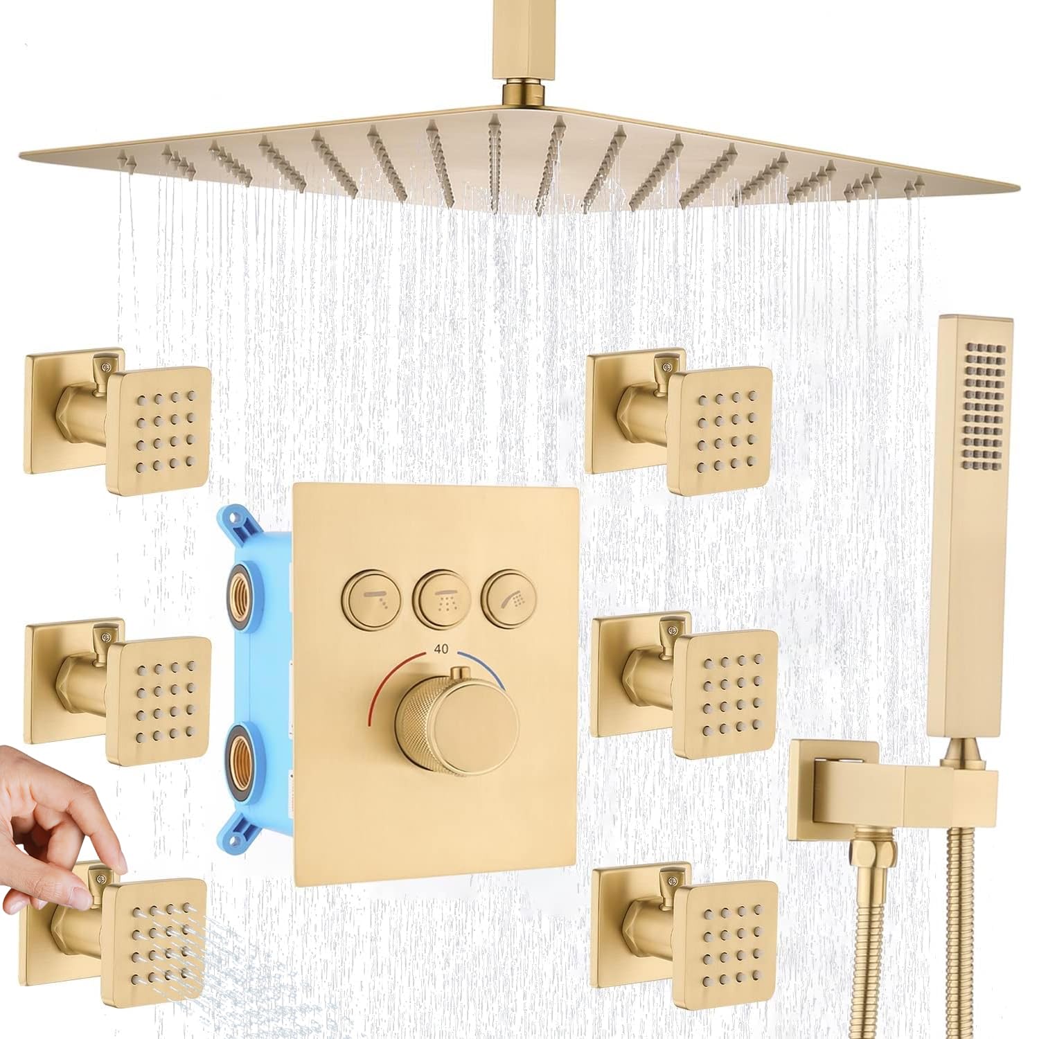Mua Thermostatic Brass Shower System with Body Jets Brushed Gold Backnets 16 Inch Ceiling Mount ...