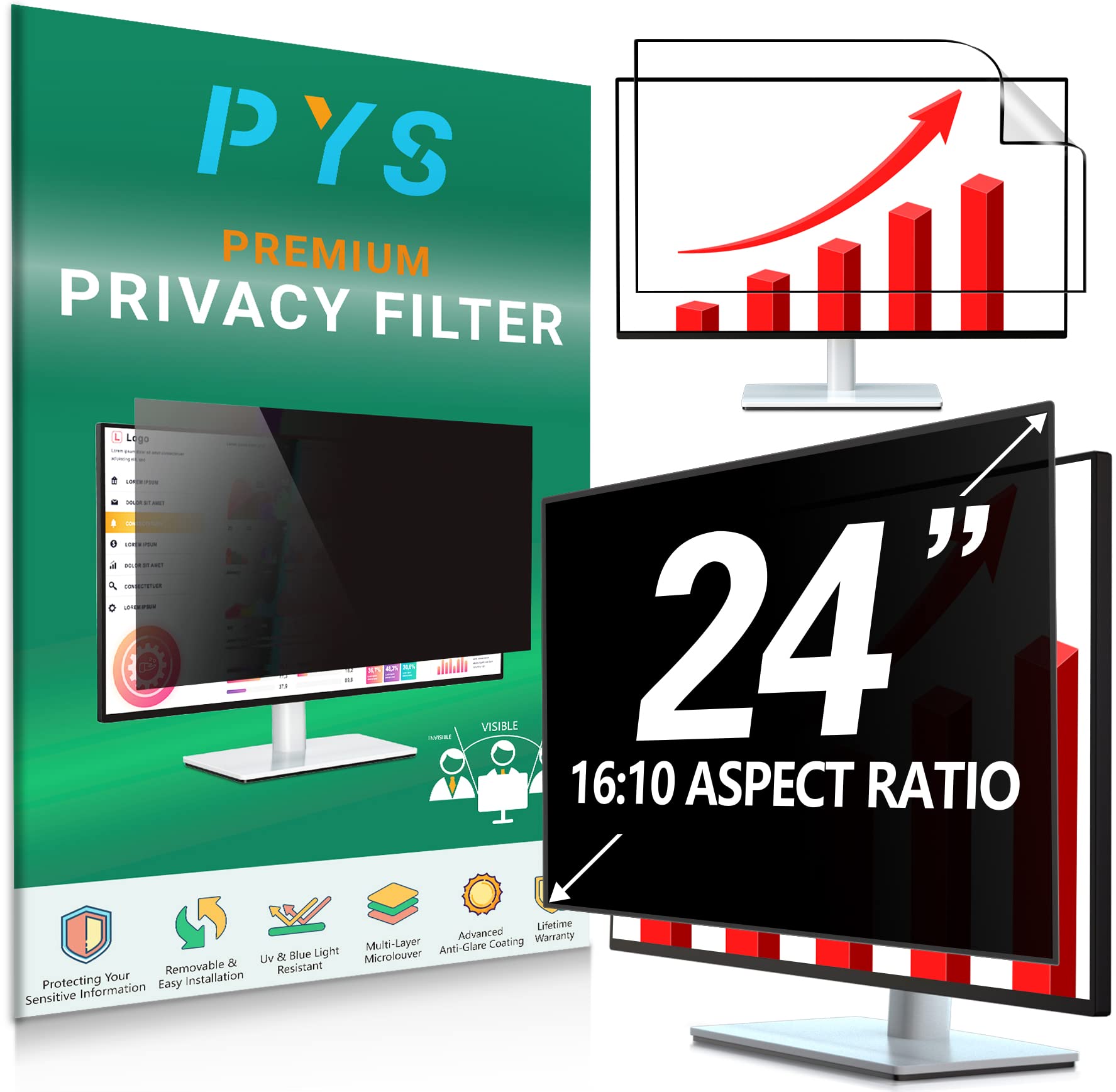 PYS Upgrade 24 Inch Computer Monitor Privacy Screen Filter with 16:10 ...