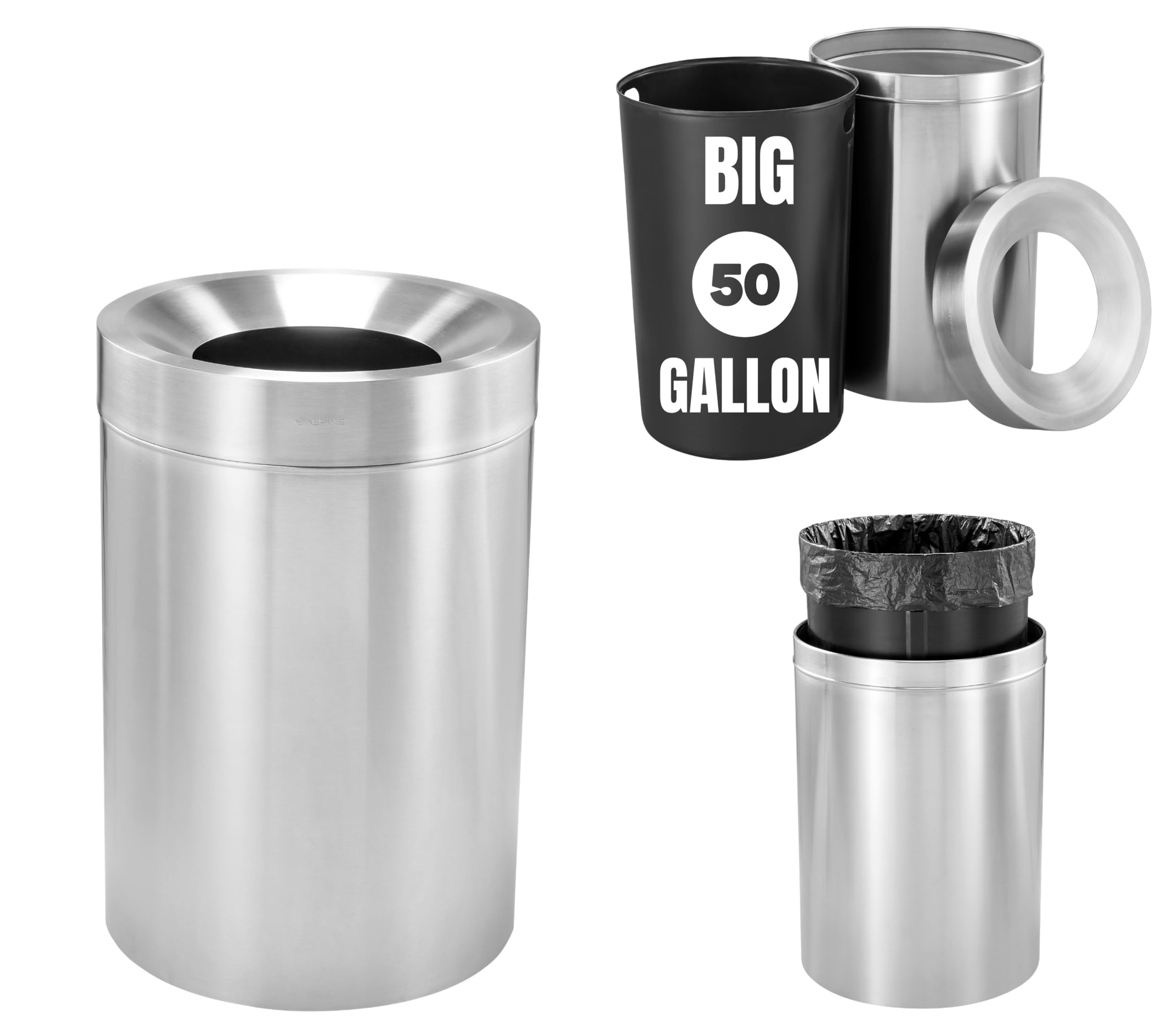 Alpine Commercial Stainless Steel Trash Can – Open Top 50-Gallon Heavy ...