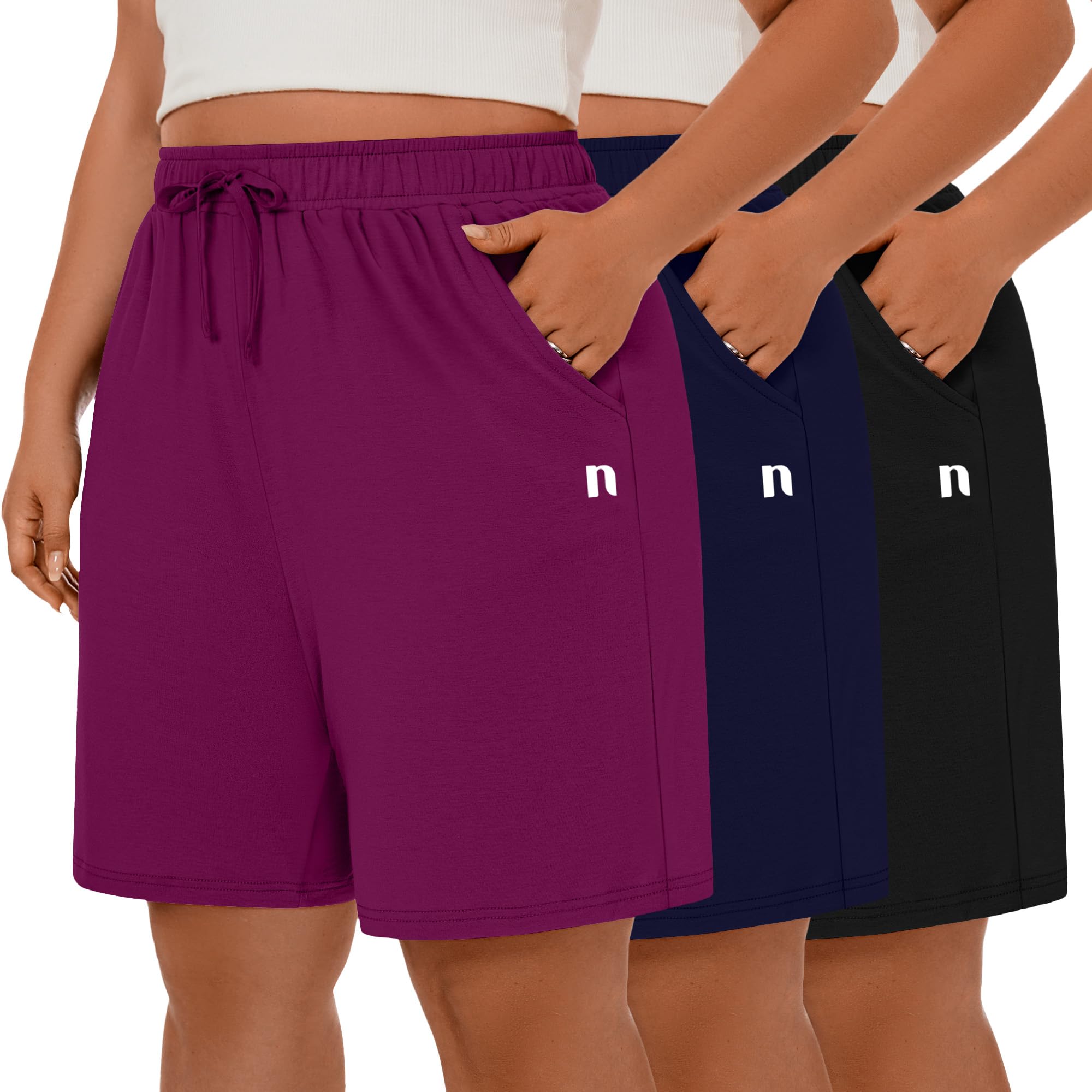 Neer 3 Pack Plus Size Women's Bermuda Shorts Cotton Drawstring High ...