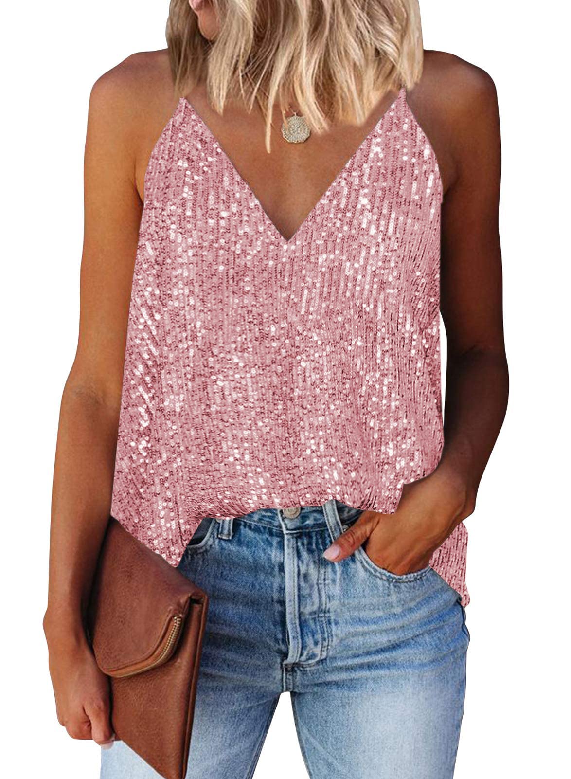 miduo Women's Tank Tops Spring Sparkle Sequin Tops Racerback V Neck ...