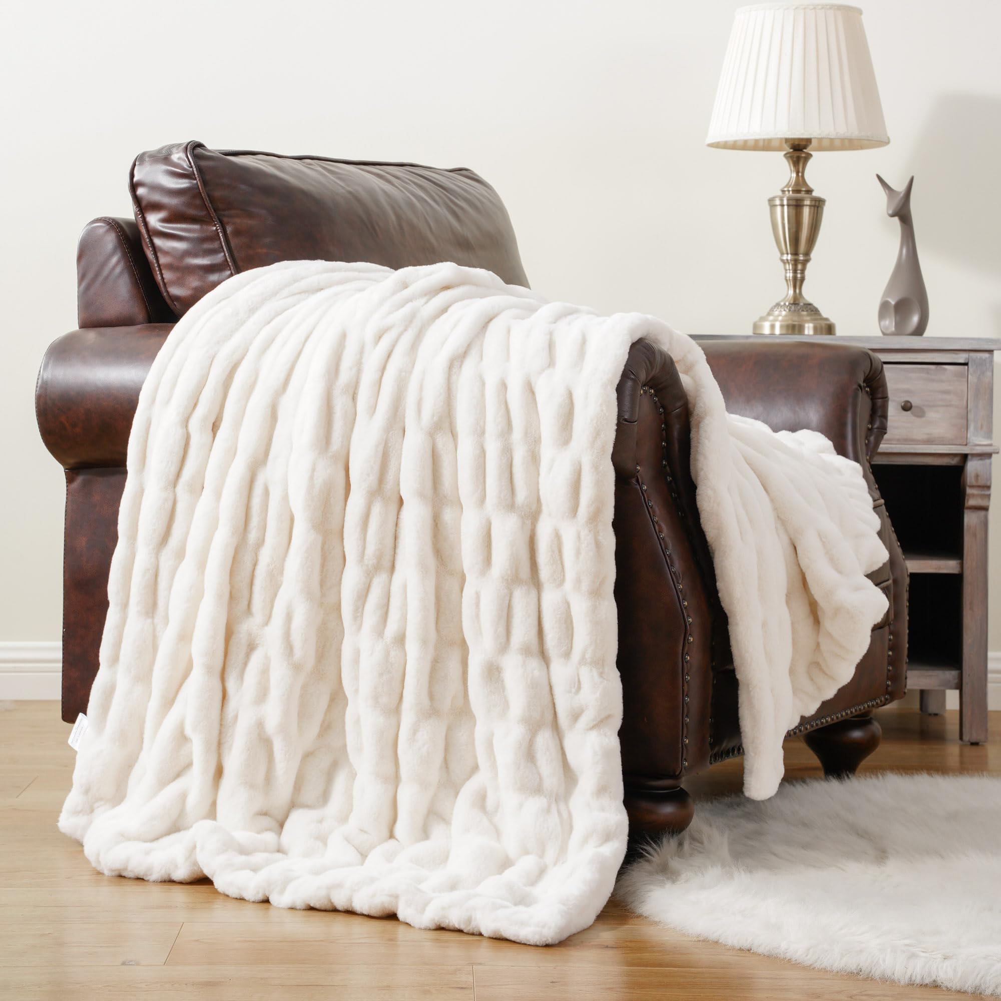BATTILO HOME Cream Faux Fur Throw Blanket, Double Side Ruched Rabbit ...