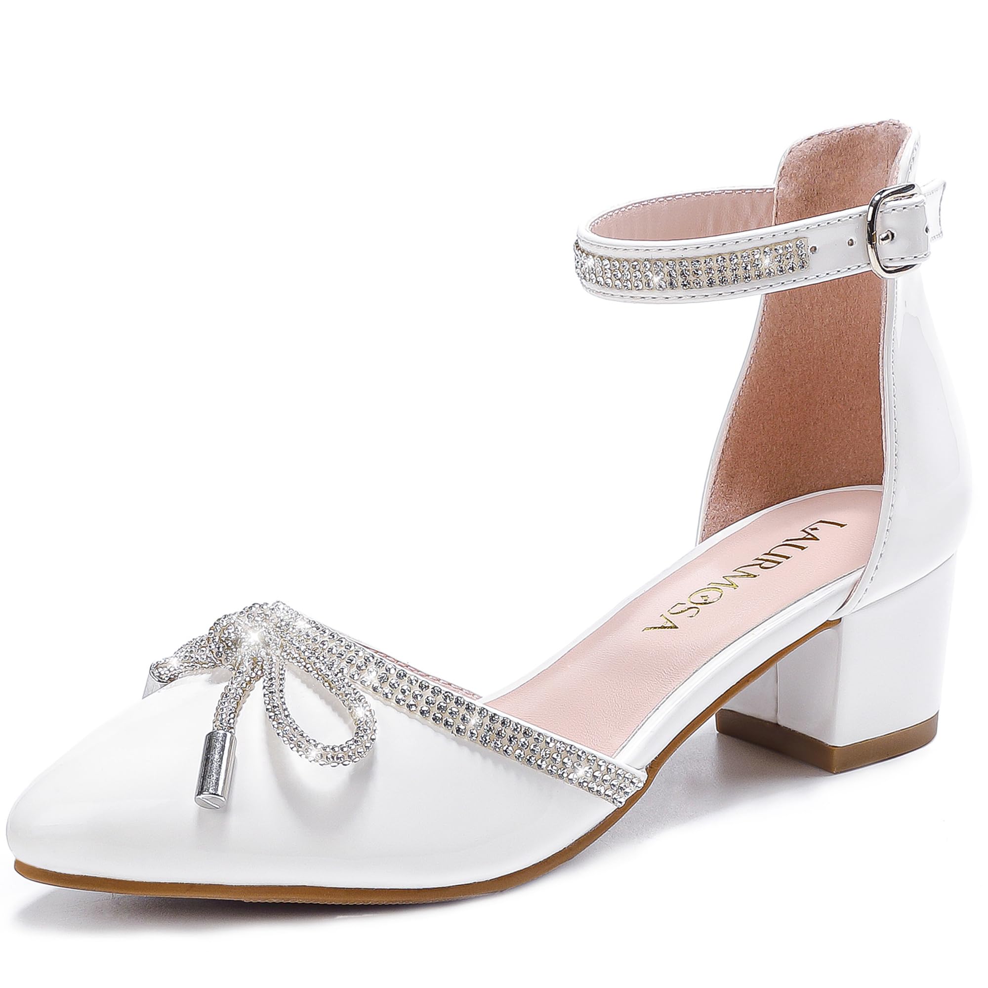 LAURMOSA Girls White Dress Shoes High Heels for Kids Closed Toe Big ...