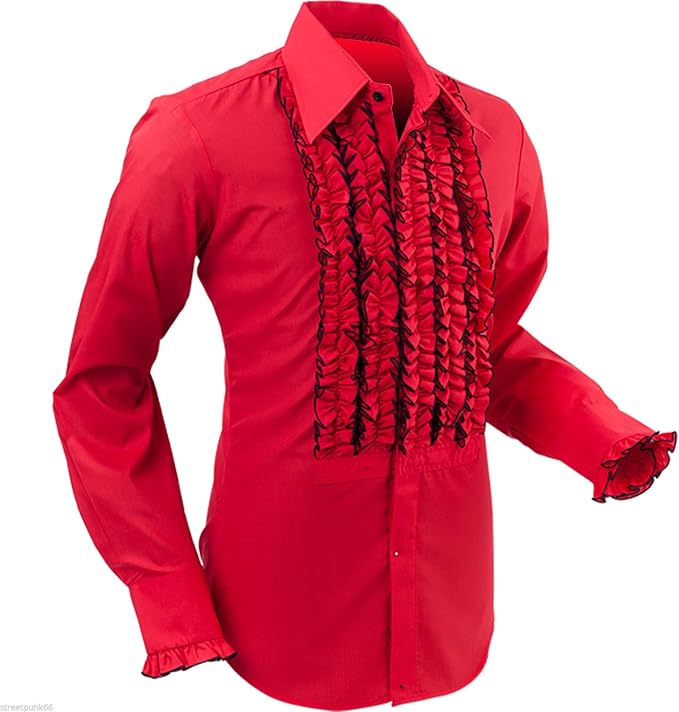 Chenaski Mens Retro Ruche Red Ruffle Tuxedo Shirt Tux Frill Dinner ...