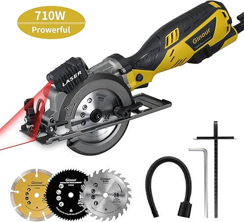 Circular Saw, Ginour 710W 3500RPM Mini Circular Saw with Laser, Cutting Depth 28mm(45°), 42.8mm ...