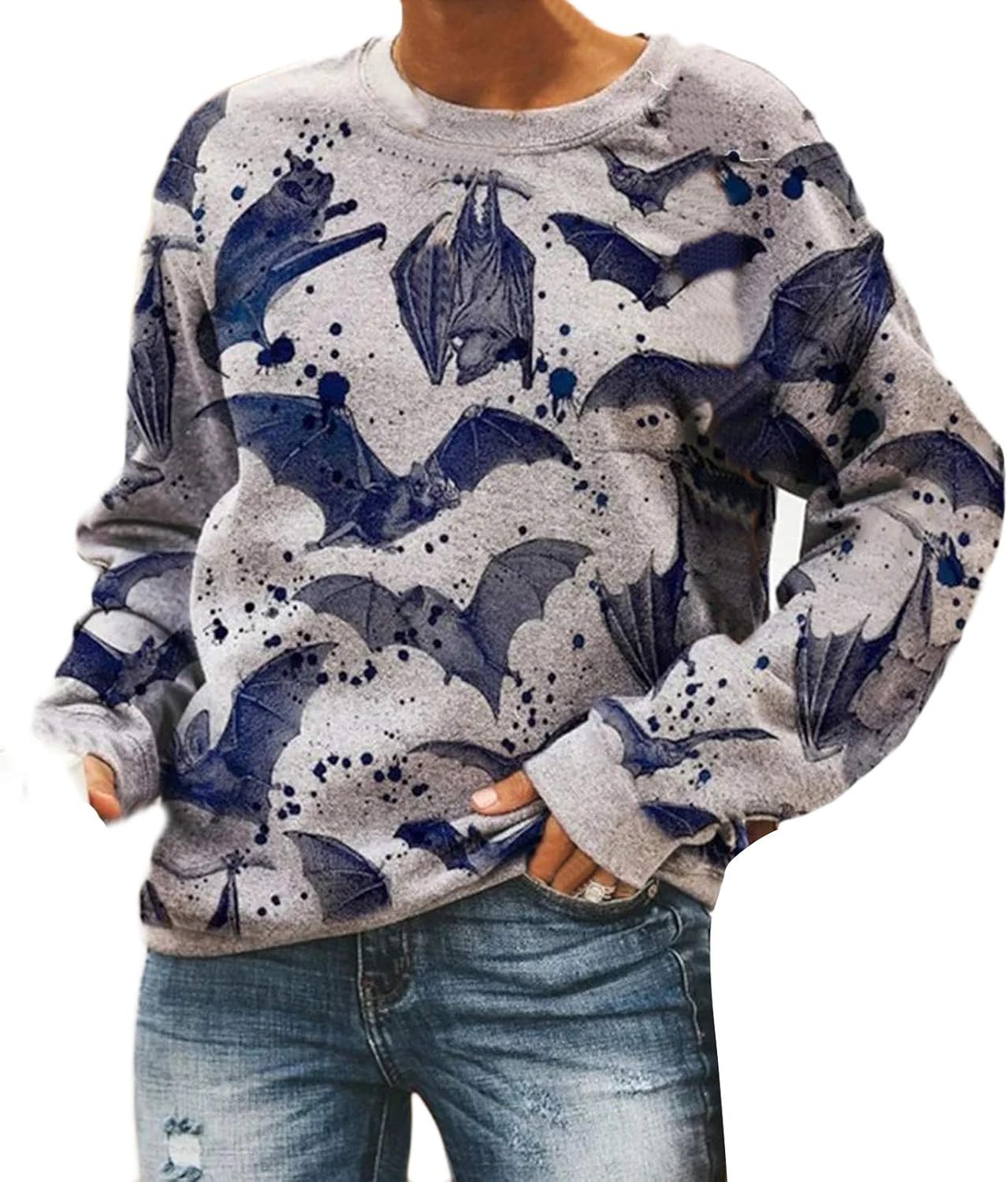 Langarm Pullover mit Fledermaus Druck, T-Shirt Oberteil, Damen ...
