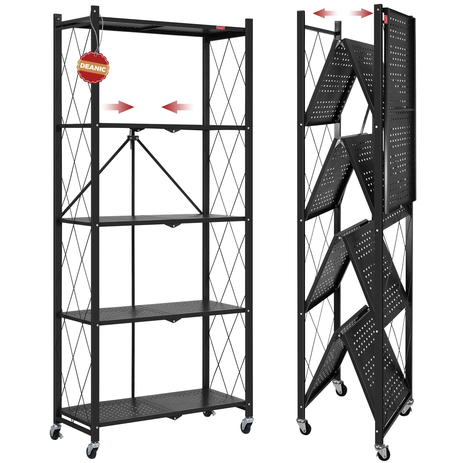 DEANIC 5 Tier Foldable Storage Shelves with Wheels, Large Capacity ...