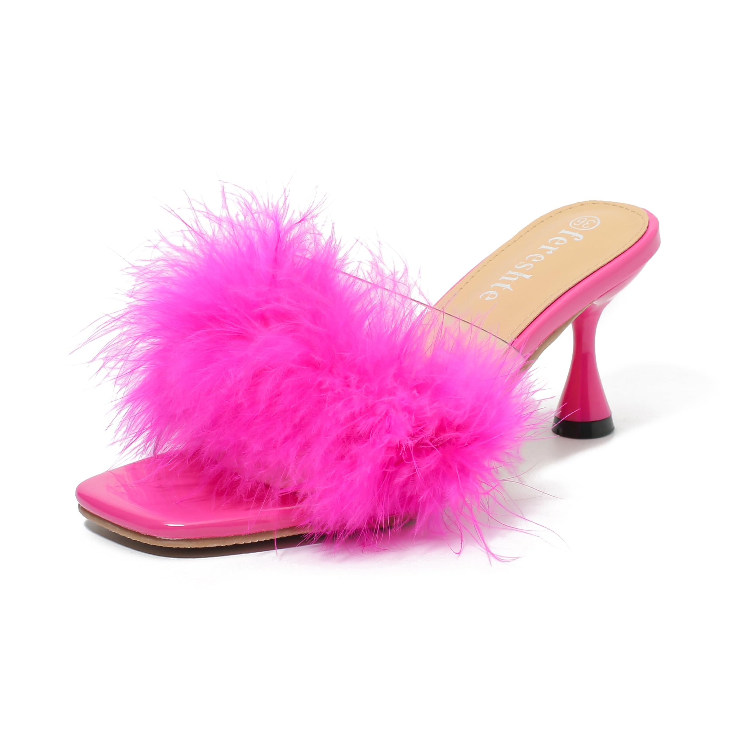 fereshte Women's Feather Heels Sandals Fluffy Fur Clear Strap Slip On ...
