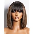 Amazon.com : LUVME HAIR 10 Inch Yaki Straight Bob Wig with Bangs Human Hair Glueless HD Lace Bob ...