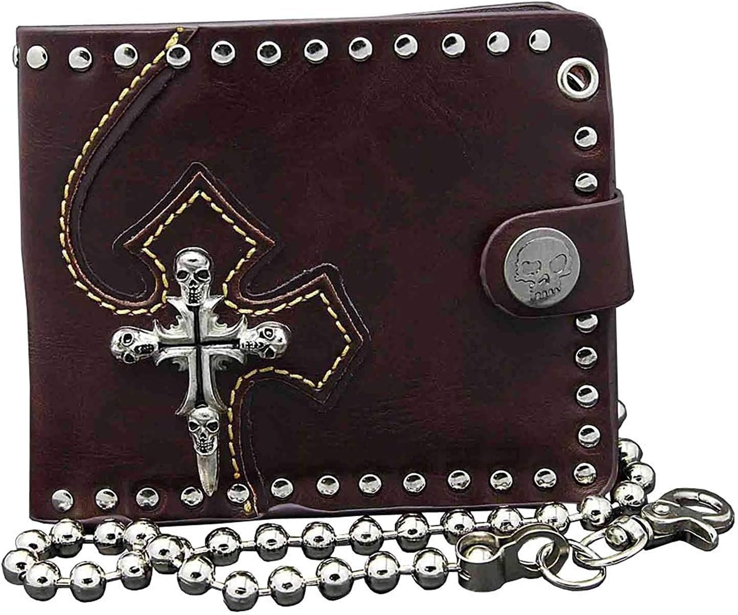 Men's Biker Gothic Skull Cross Brown Leather Wallet Bifold Chain Purse ...
