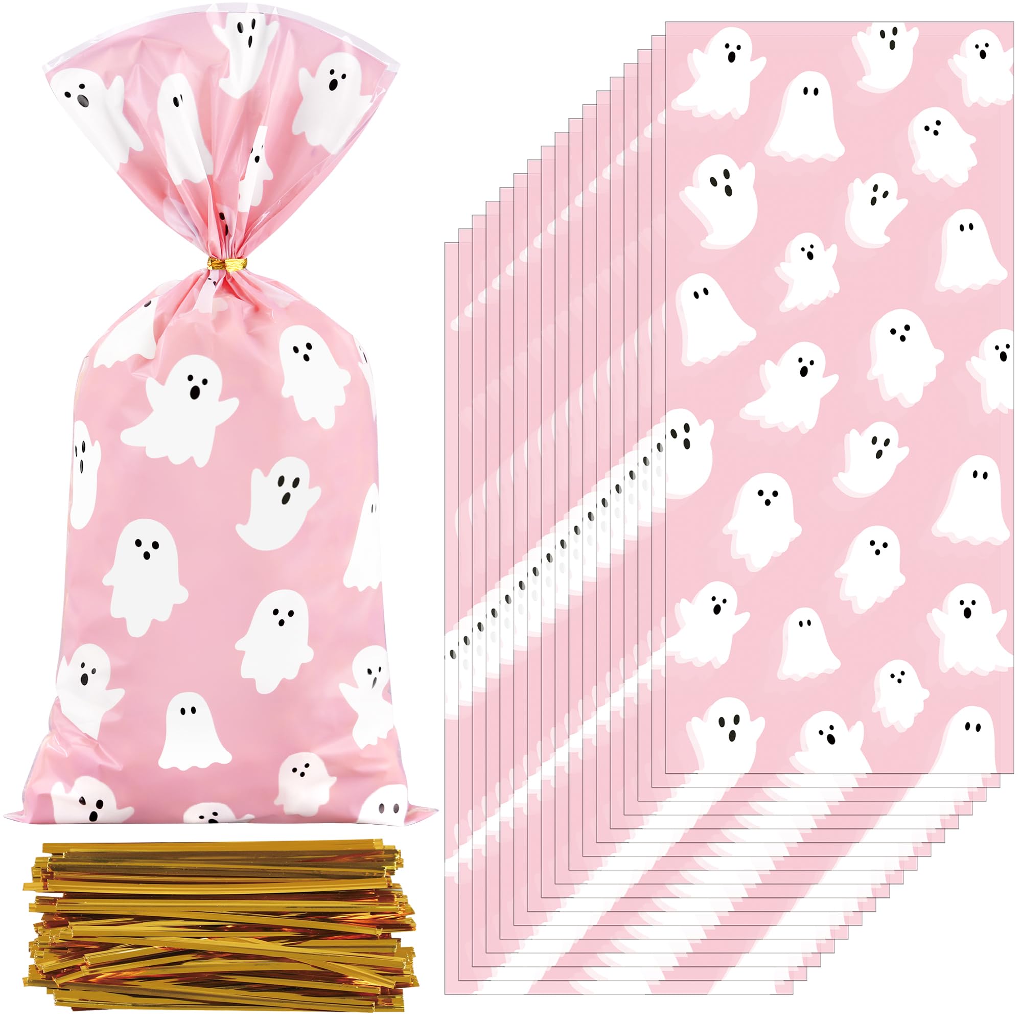 120 PCS Halloween Ghost Cellophane Treat Bags Halloween Pink Plastic ...
