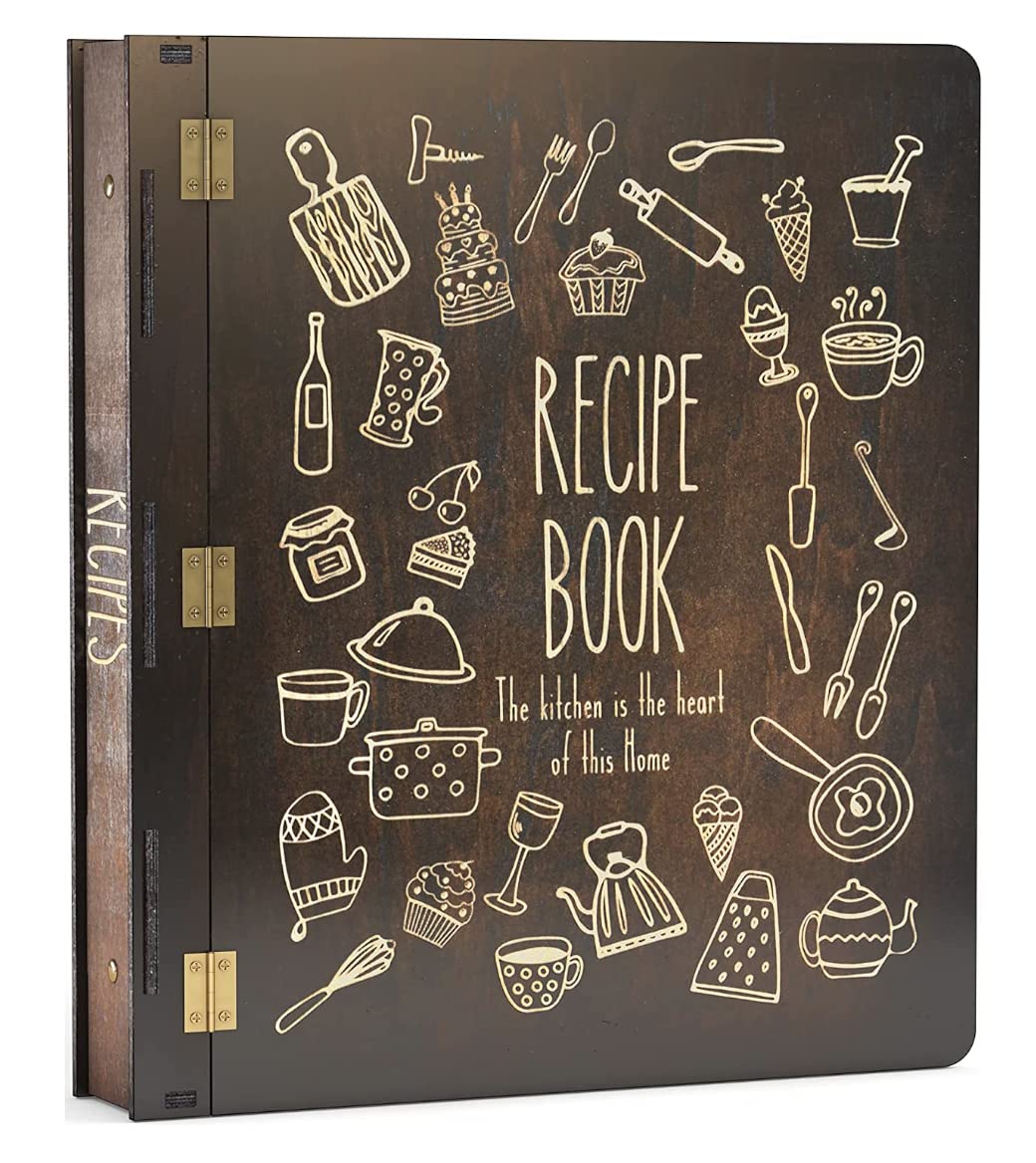 Wood Recipe Book Binder (3 Ring) - Includes 25 Plastic (8.5" x 11 ...