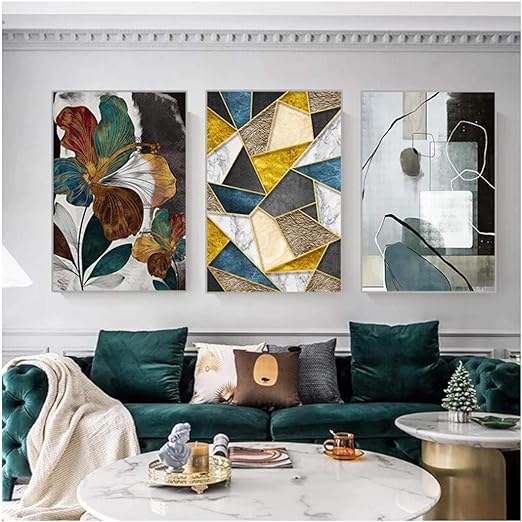 Tableau Decoration Murale Moderne Abstrait Feuille D'or Lignes Vert ...