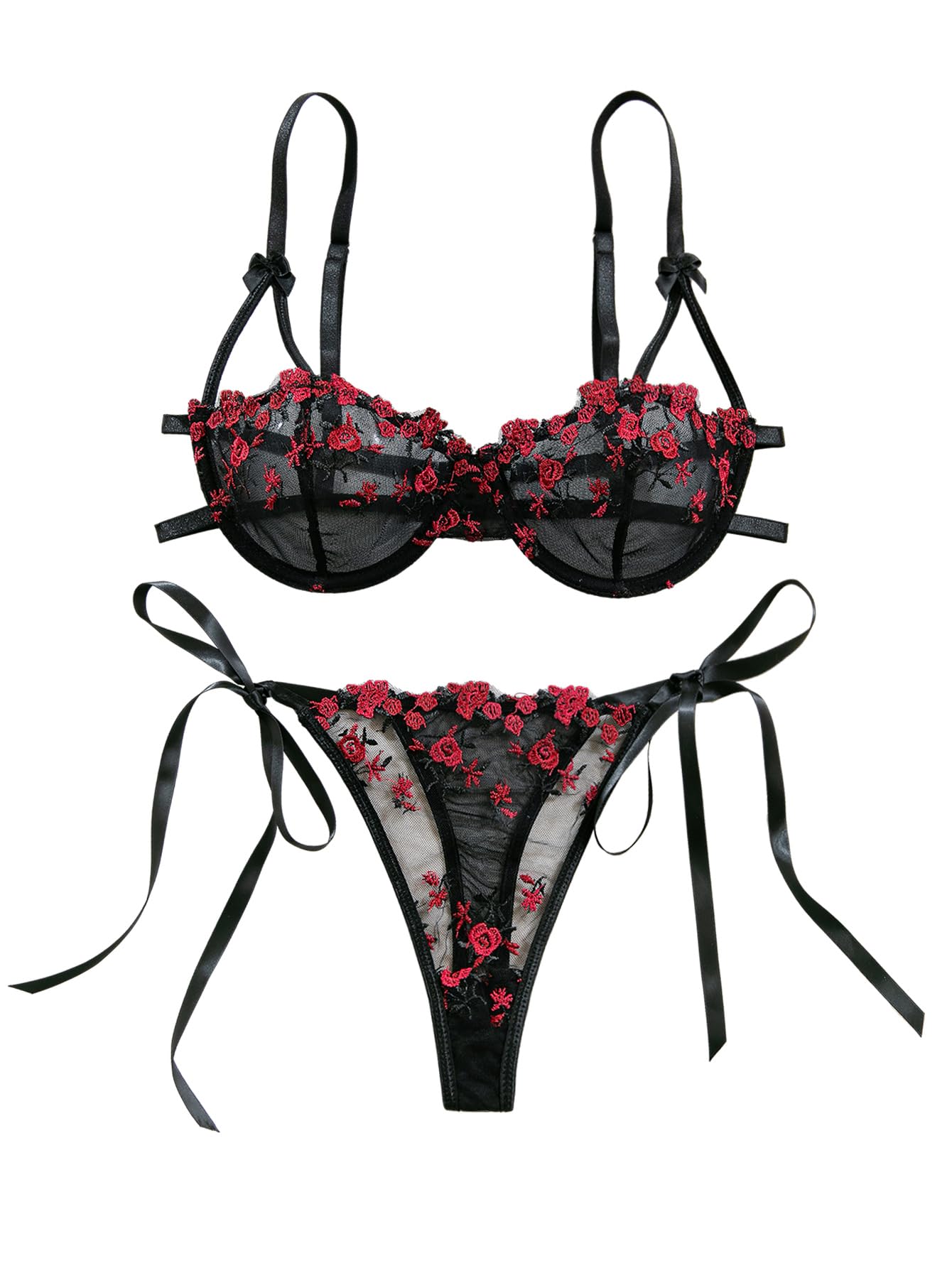 Lilosy Sexy Tie Side Cute Underwire Push Up Strappy Embroidered Mesh ...