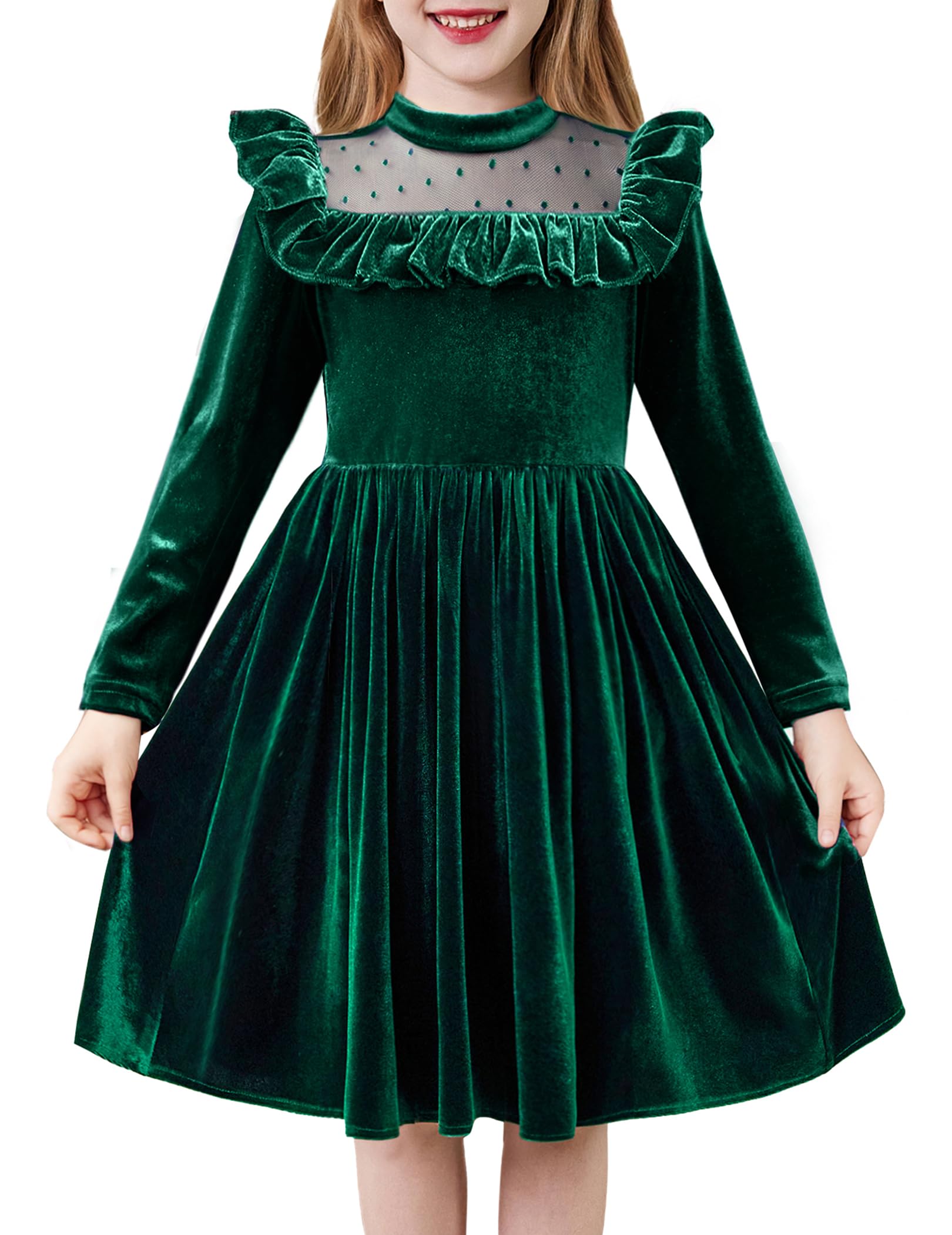 Arshiner Toddler Christmas Dress Green Velvet Dresses Girls Long Sleeve ...