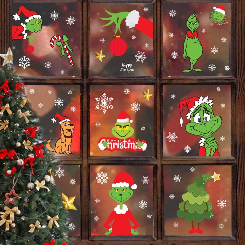 Amazon.com: Grinch Window Clings Christmas Snowflake Xmas Window Clings ...
