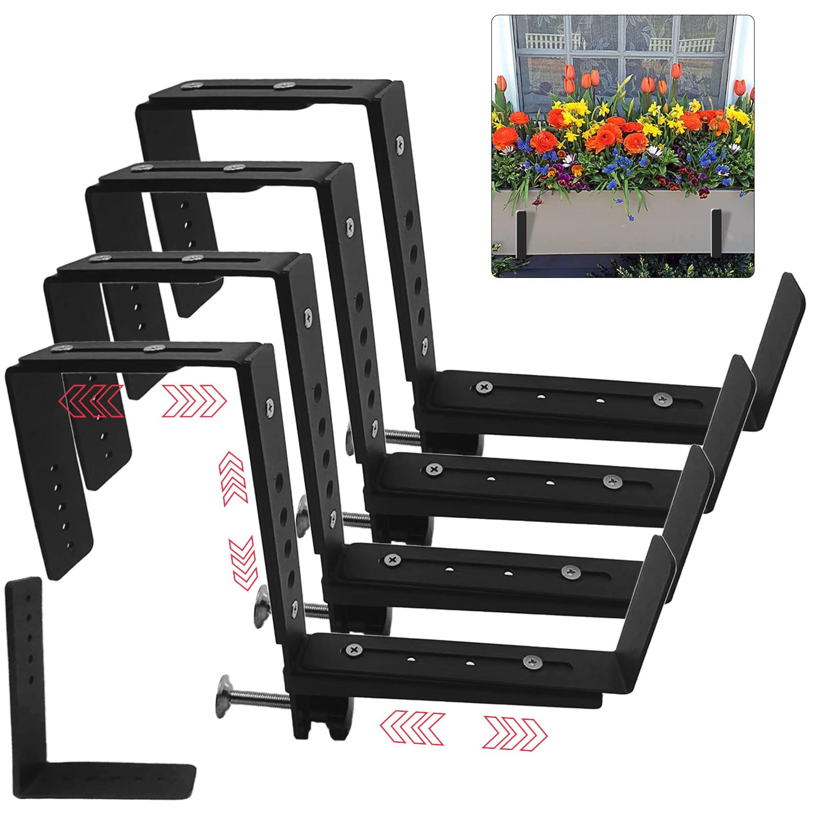 Arilaca 4 Pack Window Box Brackets for Railing Adjustable Planter Box ...