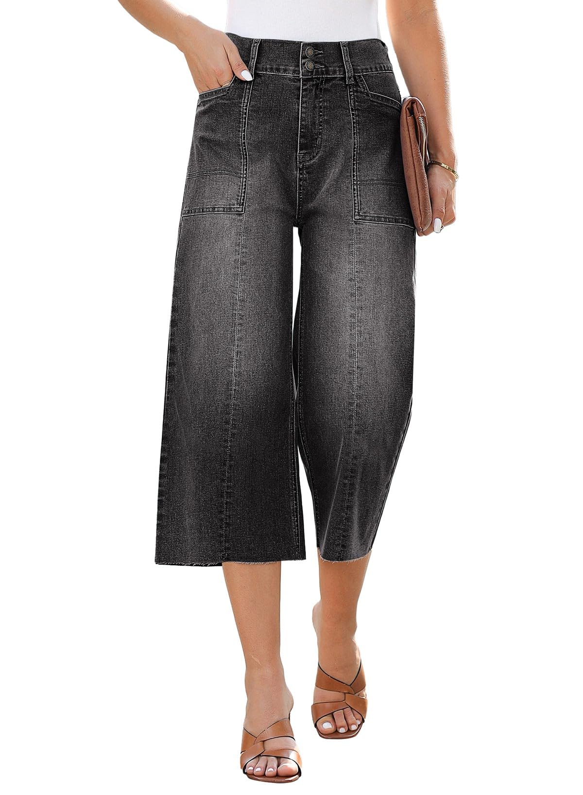 Sidefeel Womens Wide Leg Jeans High Waisted Stretch Button Denim Capri ...