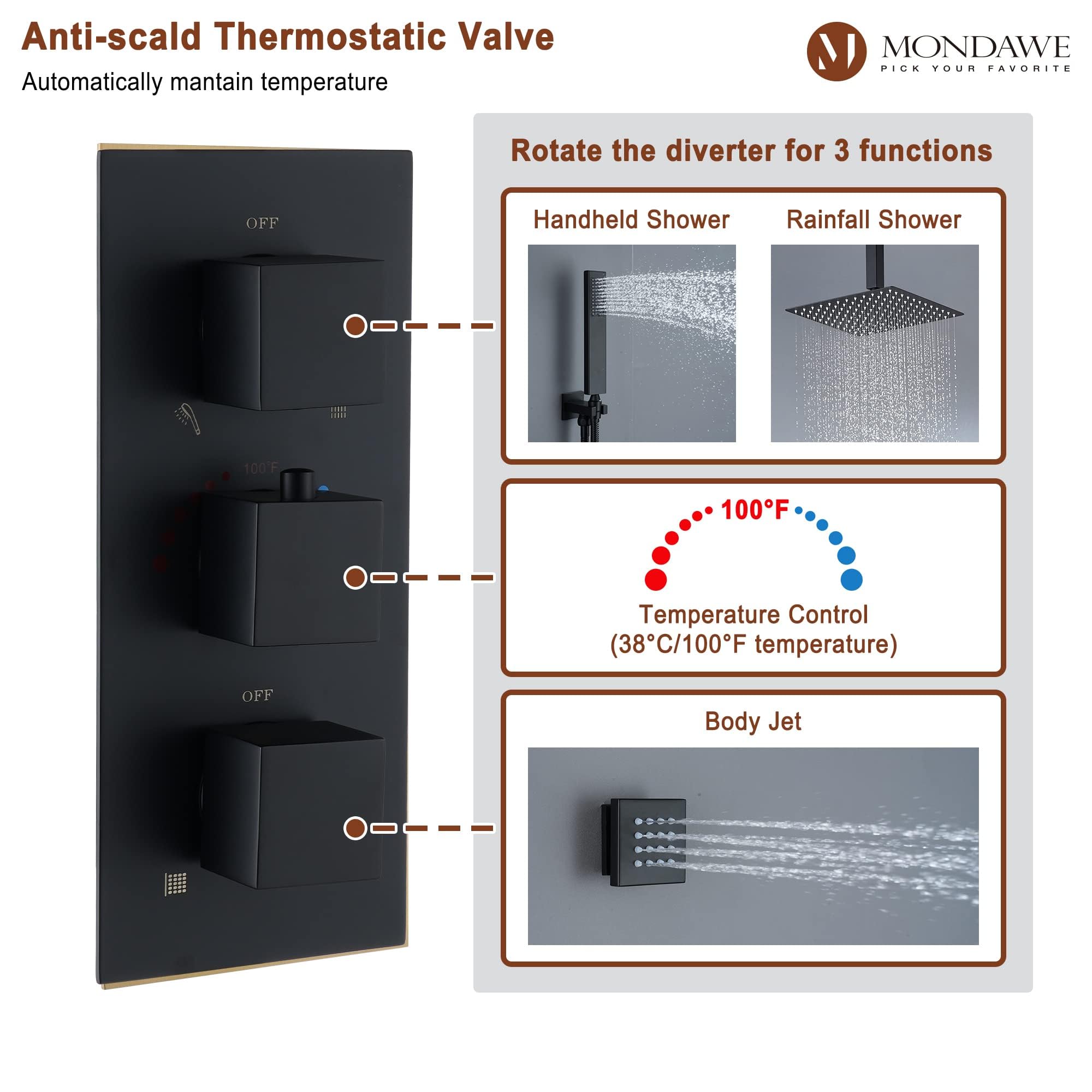 Mua MONDAWE 12" Thermostatic Full Body Shower Jets System, Rainfall ...