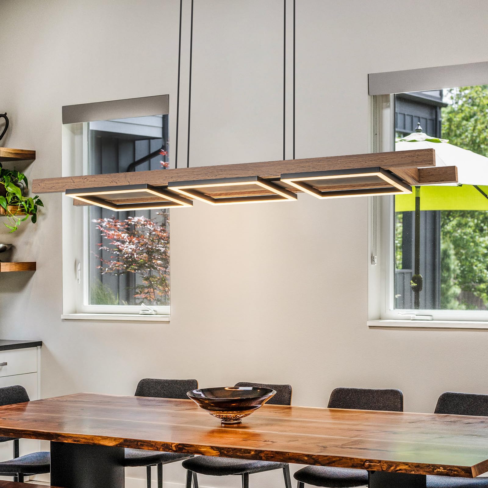 EDISLIVE 3-Light Wood Linear LED Pendant Light Dimmable LED Square ...