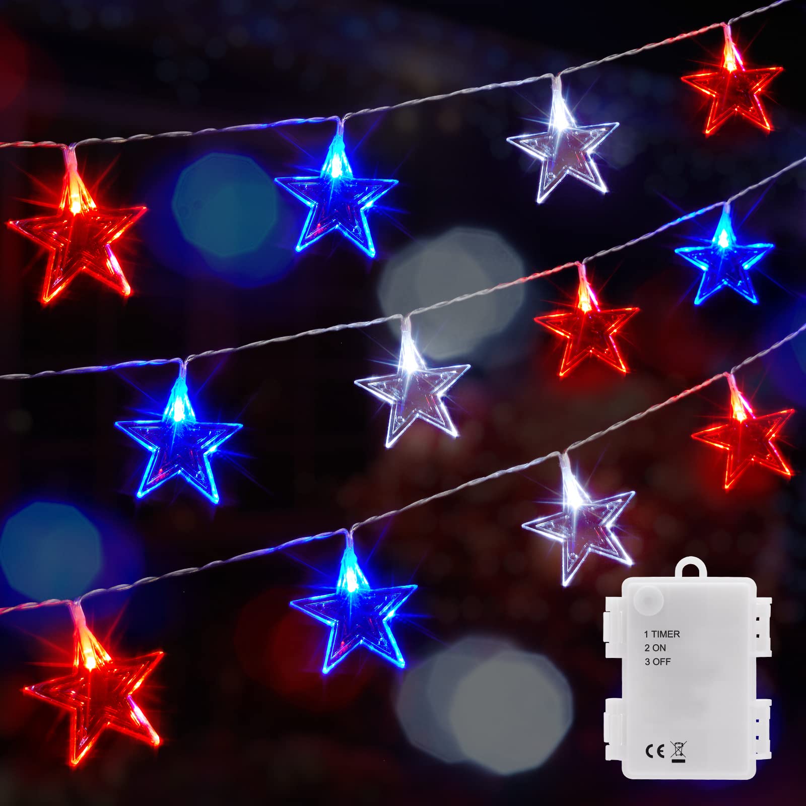 4th of July Star String Lights - 16FT 30 LED Red White Blue Big Star ...