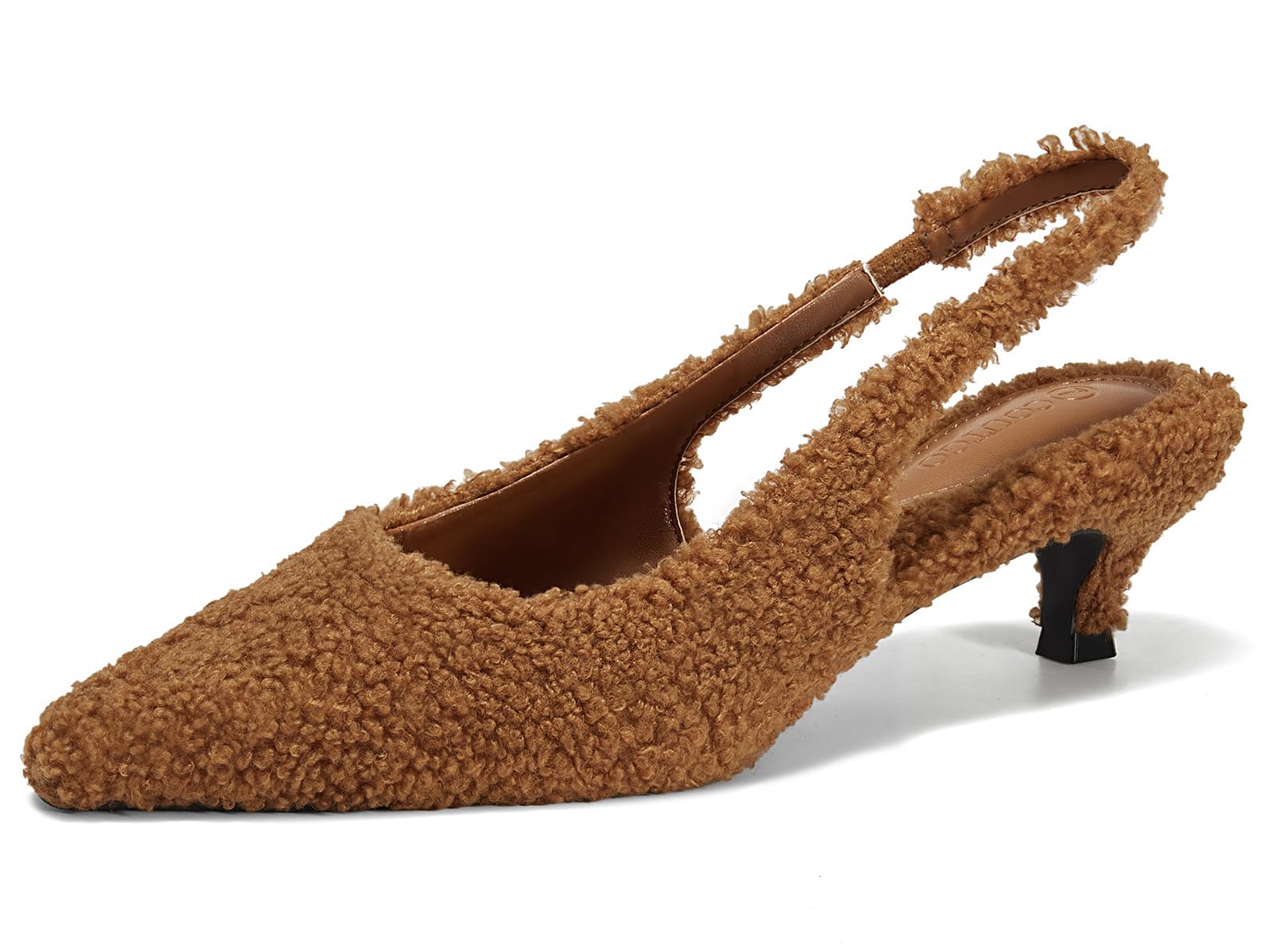 Coutgo Womens Slingback Kitten Low Heels Closed Pointed Toe Fuzzy Curly ...