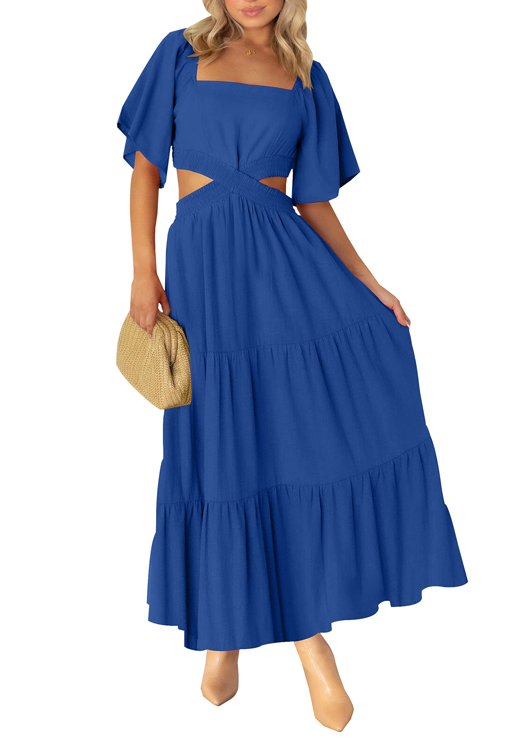 LEANI Women's 2025 Summer Square-Neck Short Sleeve Cut-Out Waist Tiered ...